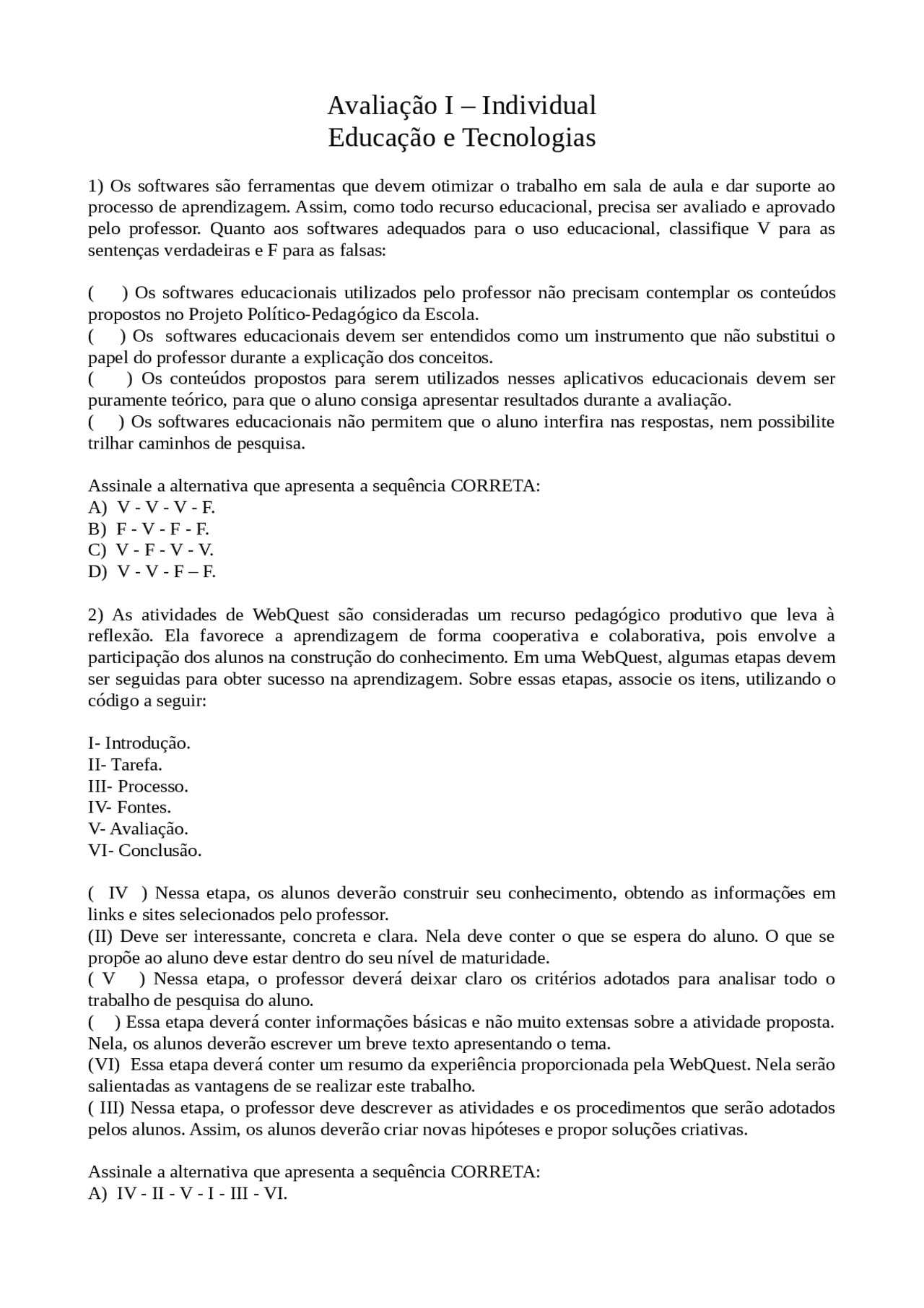 Avaliação Individual Provas Informática Docsity