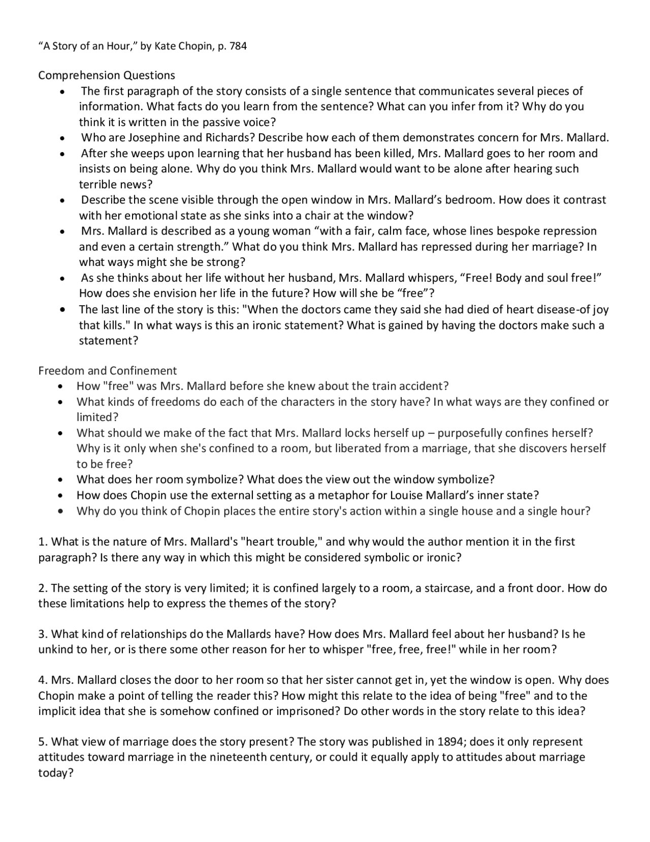 Kate Chopin story of an hour | Exercises Literature | Docsity