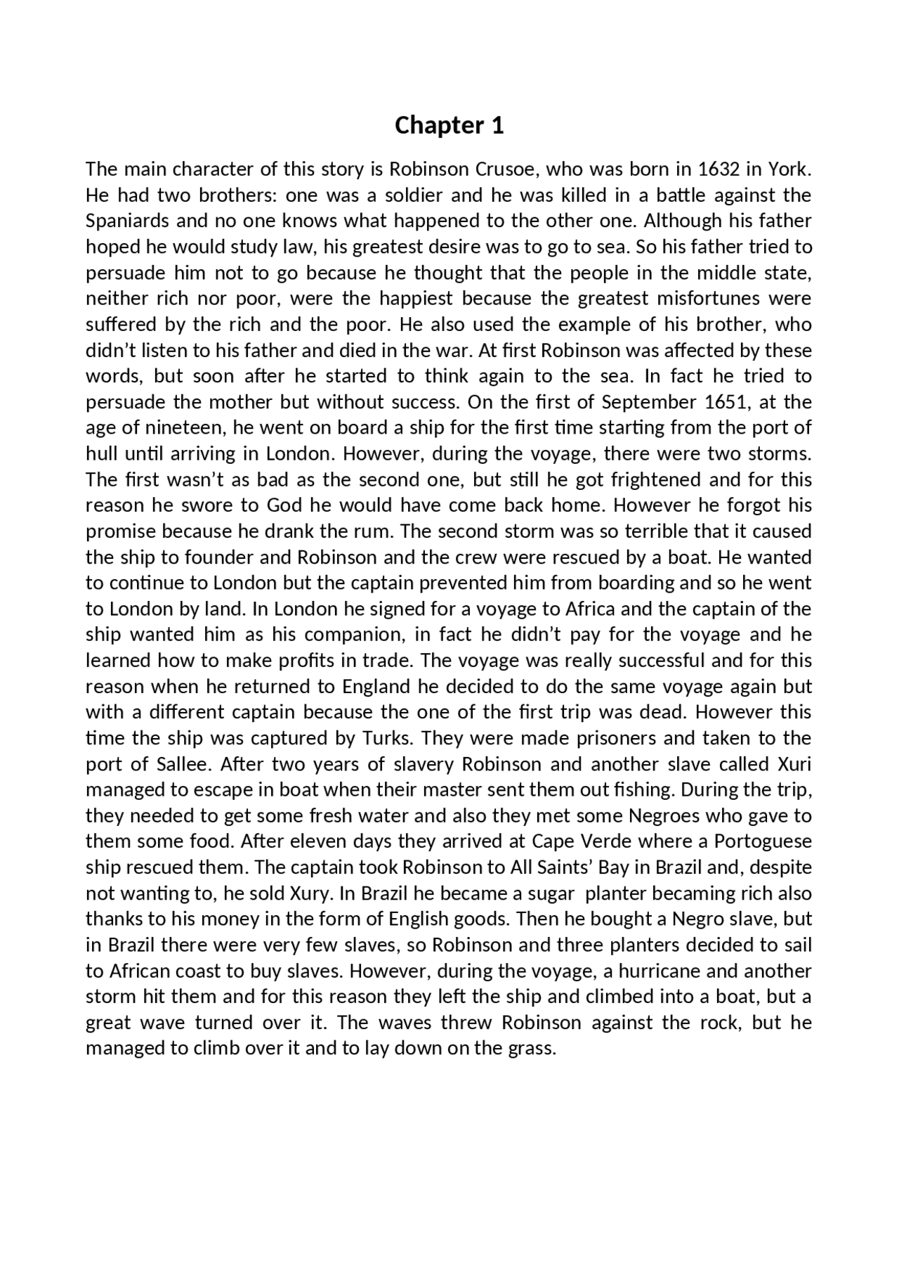 Chapter 1 robinson crusoe | Sintesi del corso di Inglese | Docsity