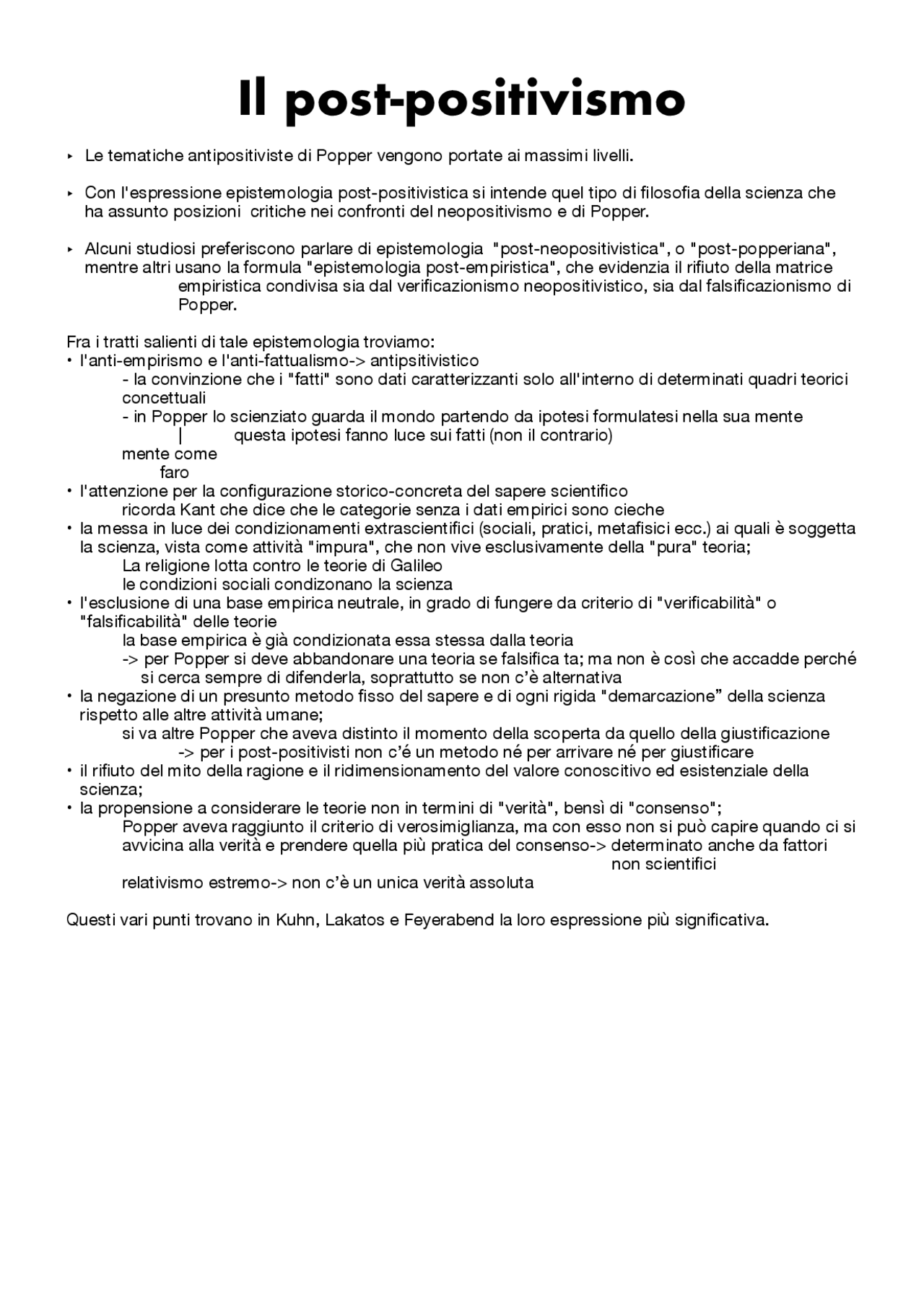 Post.positivismo, Kuhn e Feyerabend | Appunti di Filosofia | Docsity