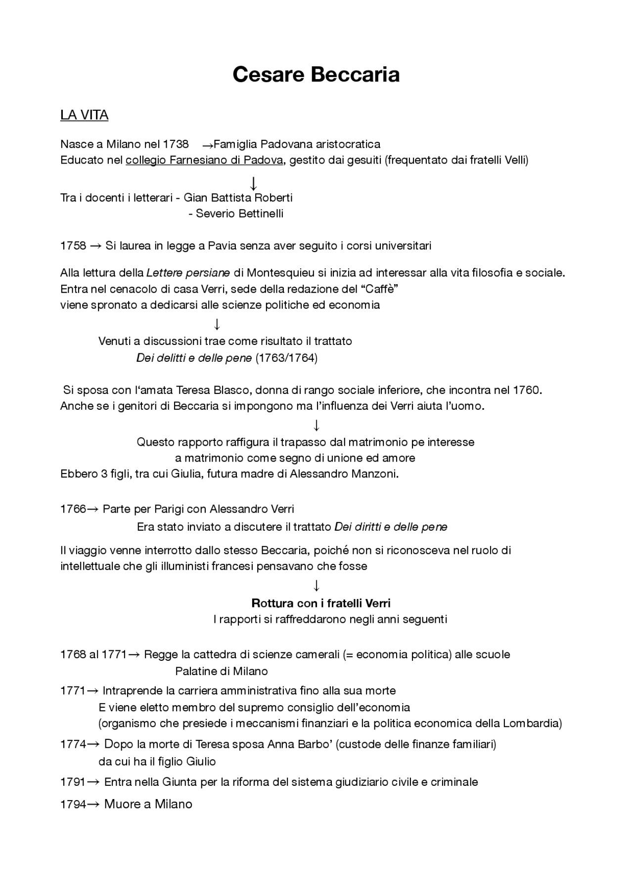Cesare Beccaria, vita e opere letterarie | Appunti di Italiano | Docsity