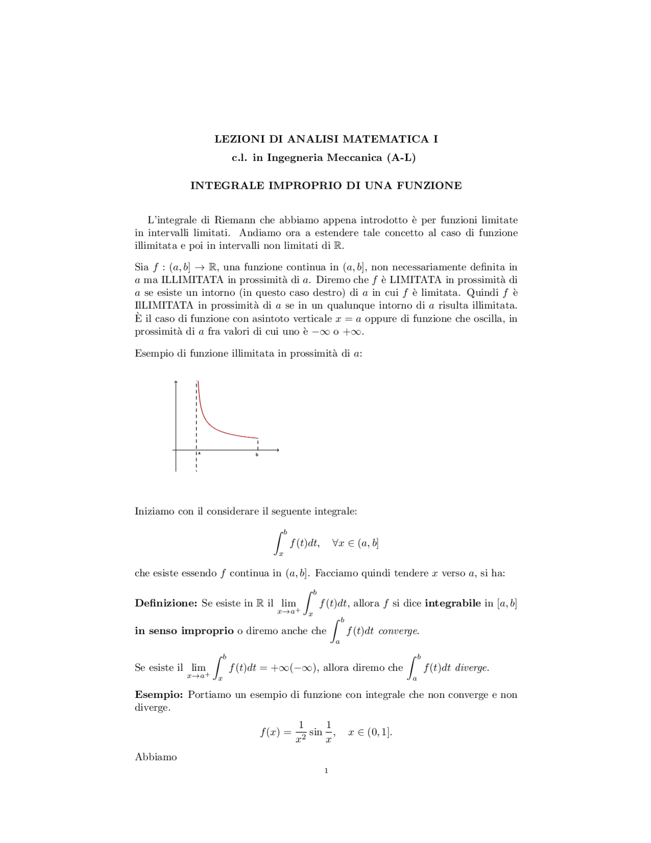 Dispense Sugli Integrali Impropri Dispense Di Analisi Matematica I