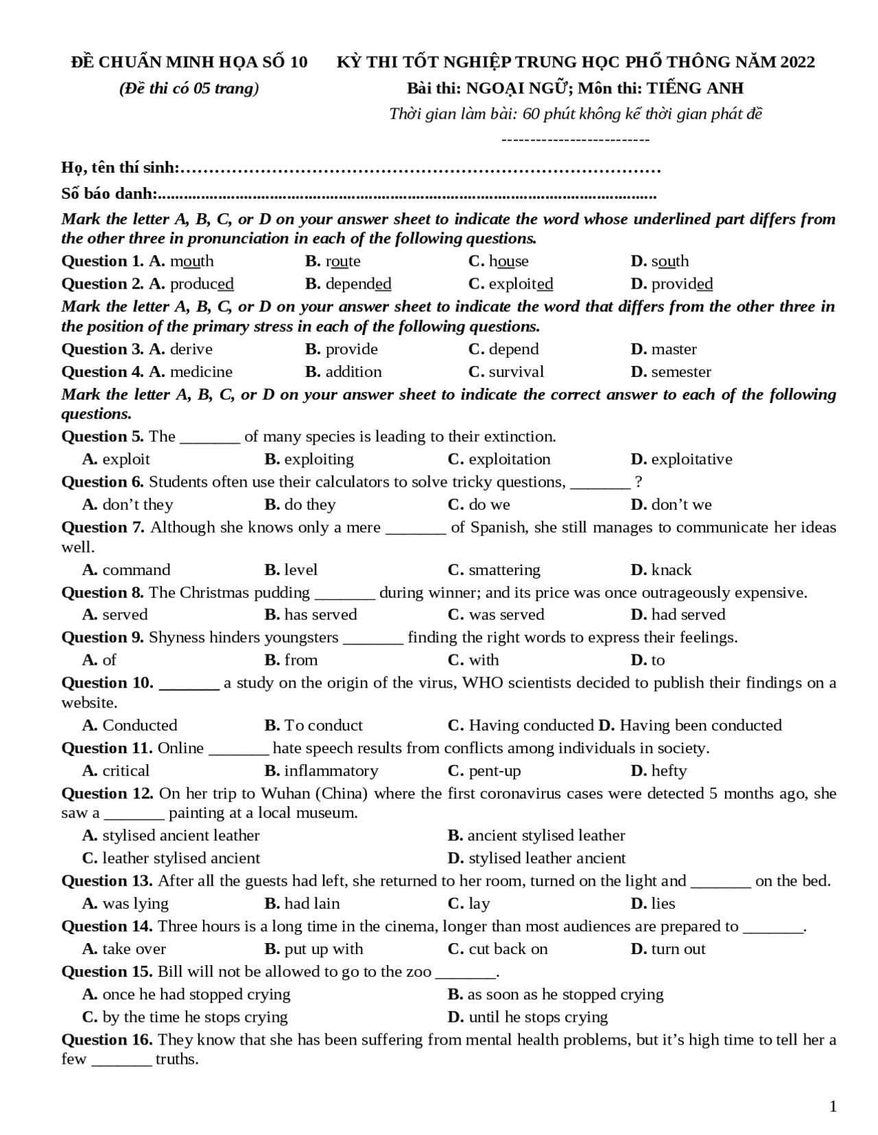 Đề TA số 10 - Ôn thi THPT | Exercises English | Docsity