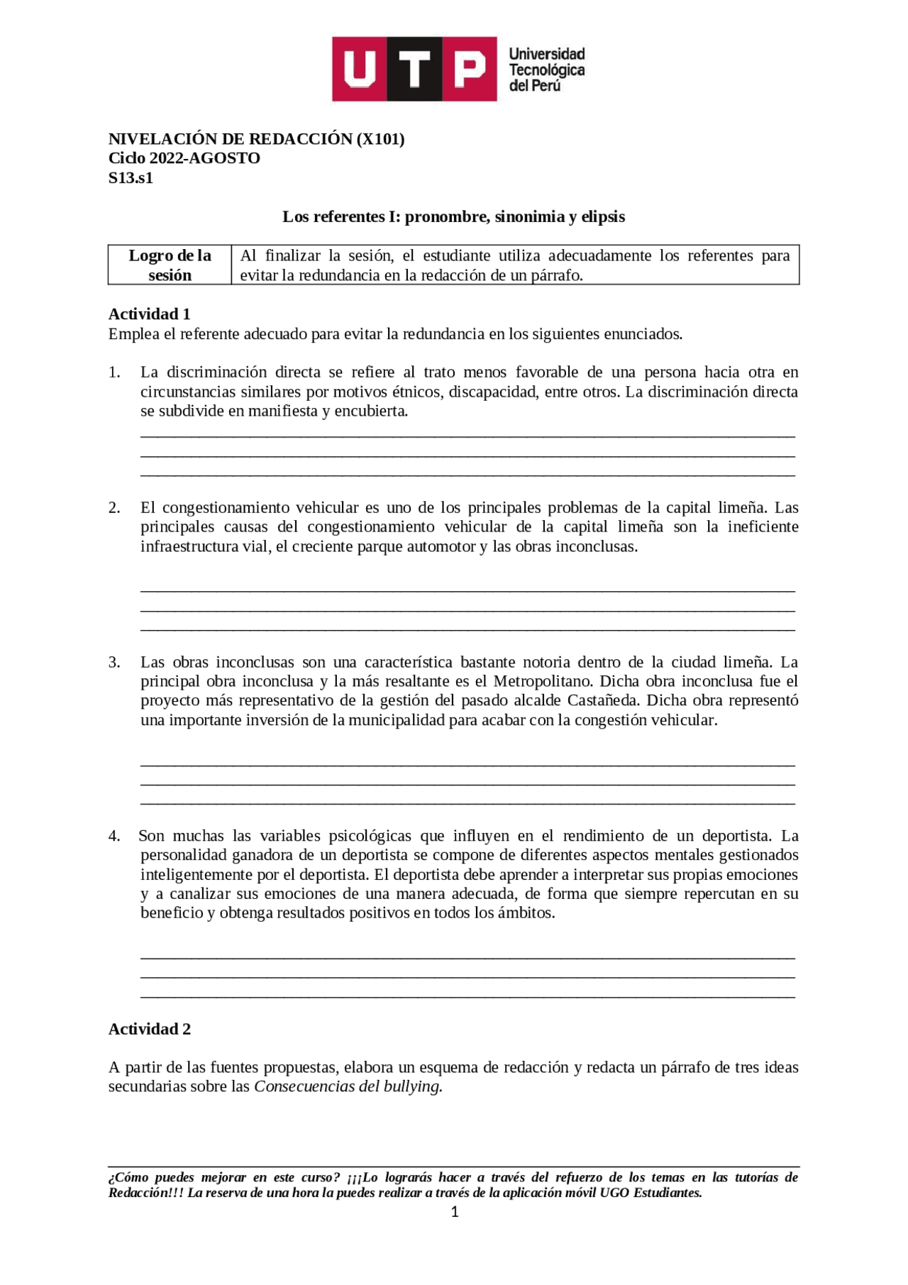 Redaccion Utp Redaccion 2022 Ejercicios Resueltos Ejercicios De