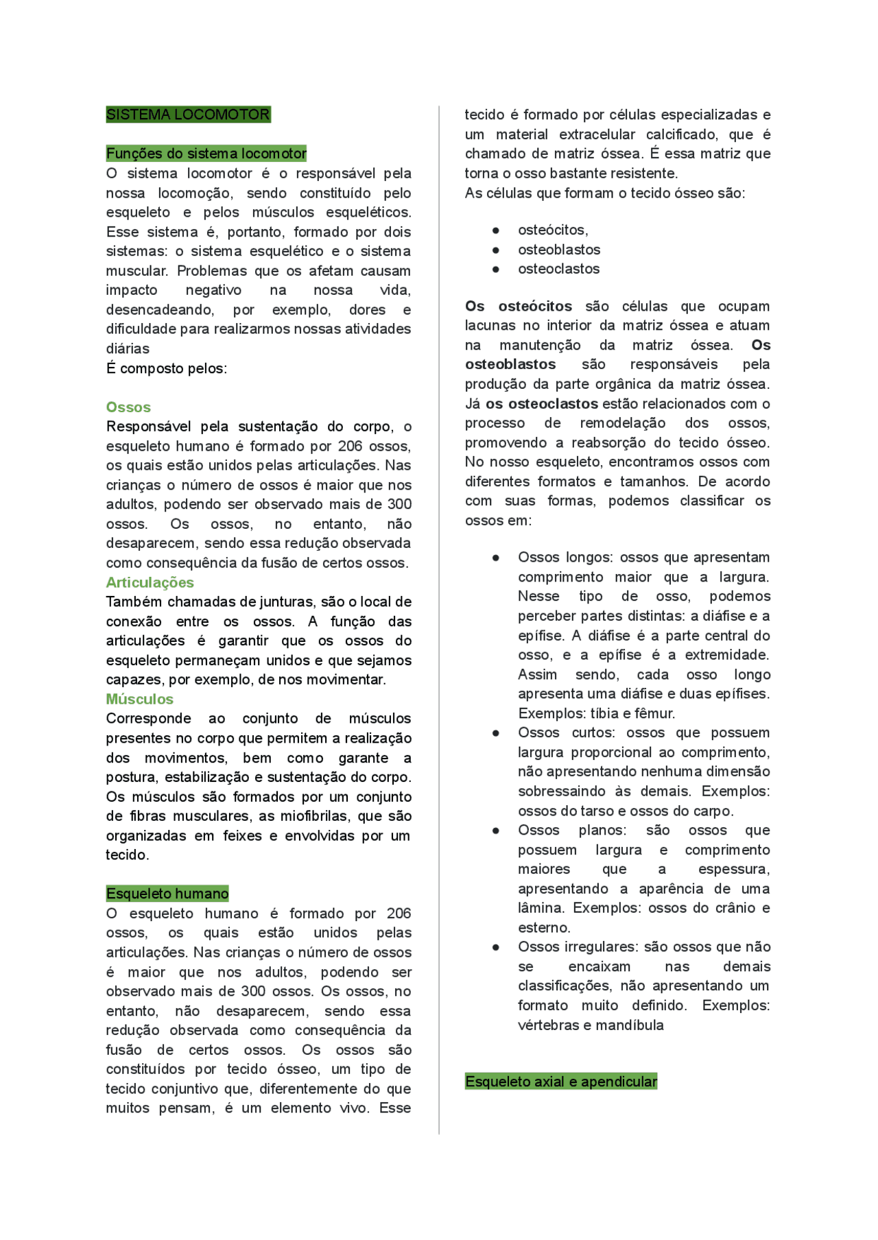 Resumo Do Sistema Locomotor Notas De Aula Anatomia Docsity
