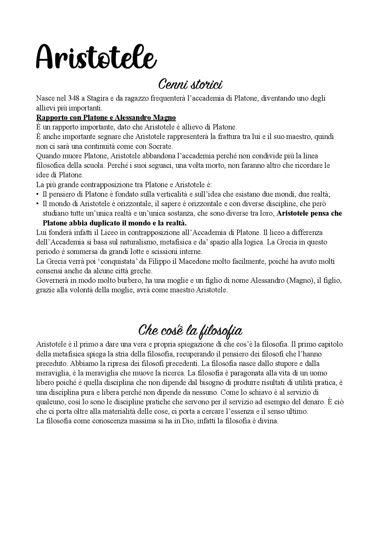Aristotele Riassunto Completo Appunti Di Filosofia Docsity