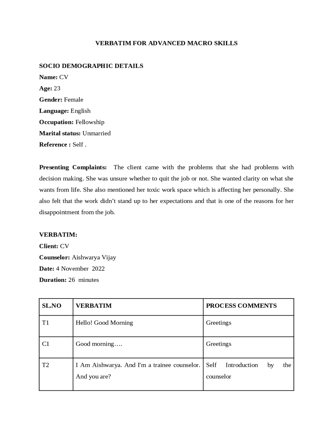VERBATIMS FOR COUNSELLING | Cheat Sheet Psychology | Docsity