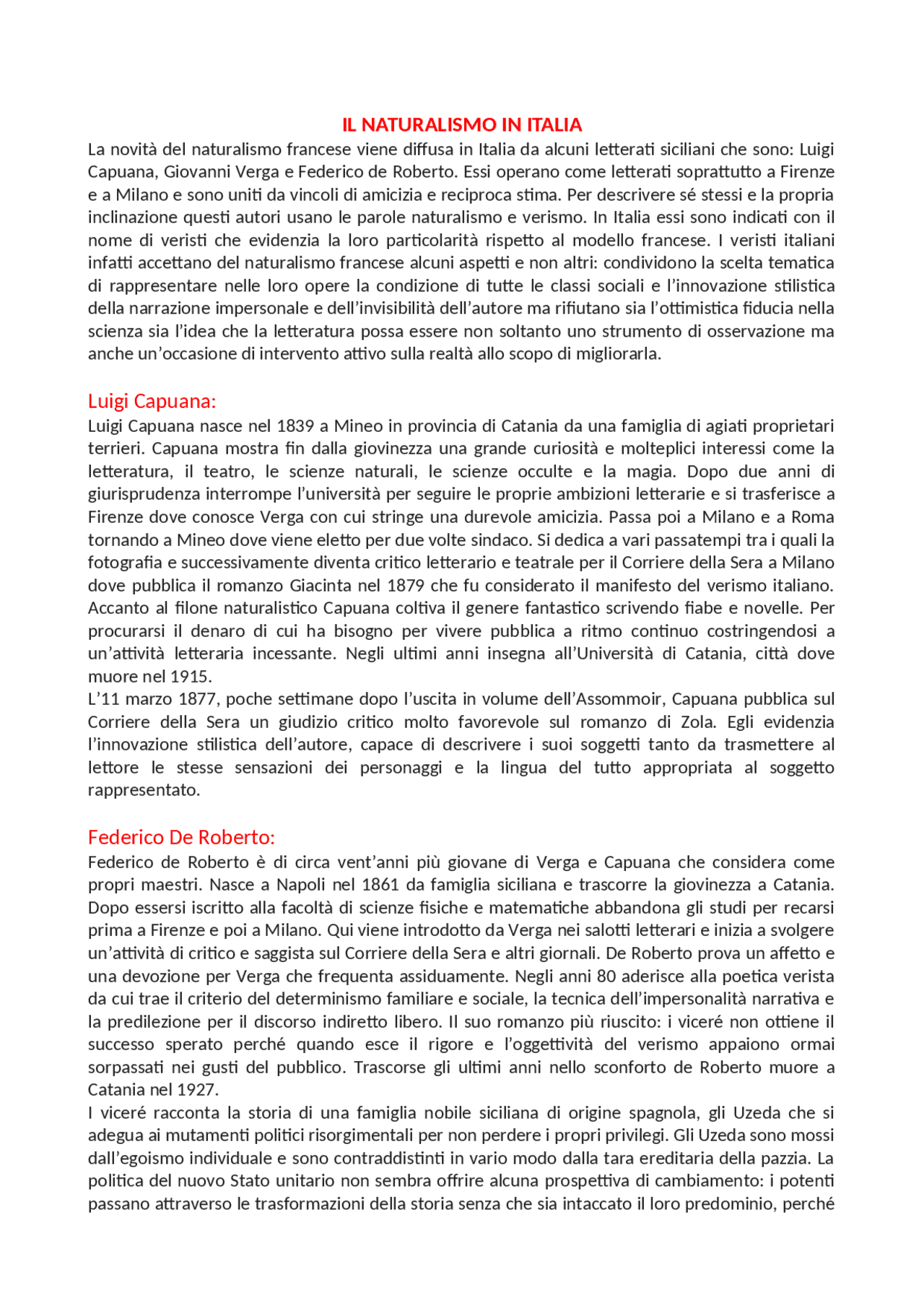 Il naturalismo in Italia | Appunti di Italiano | Docsity