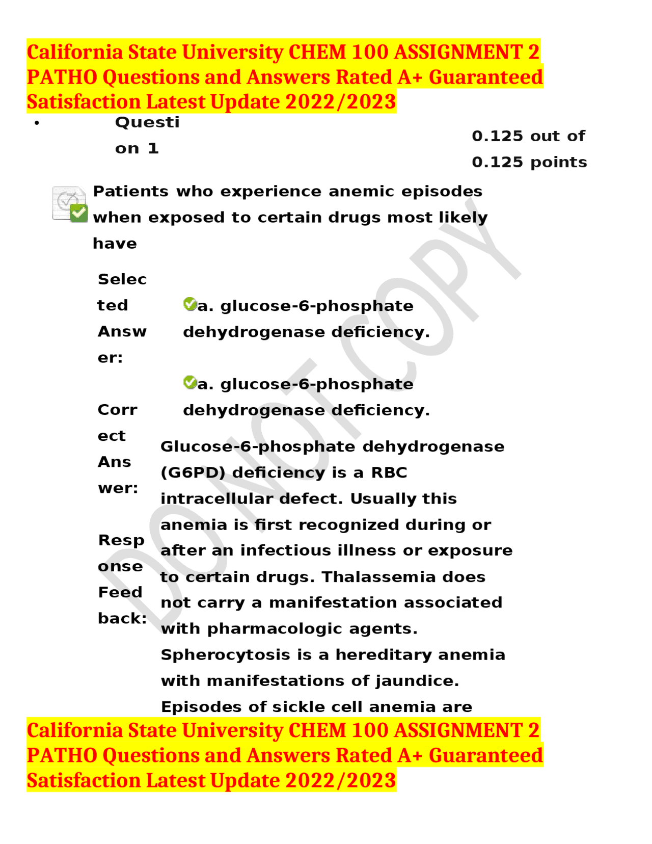 California State University Chem 100 Assignment 2 Patho Questions And