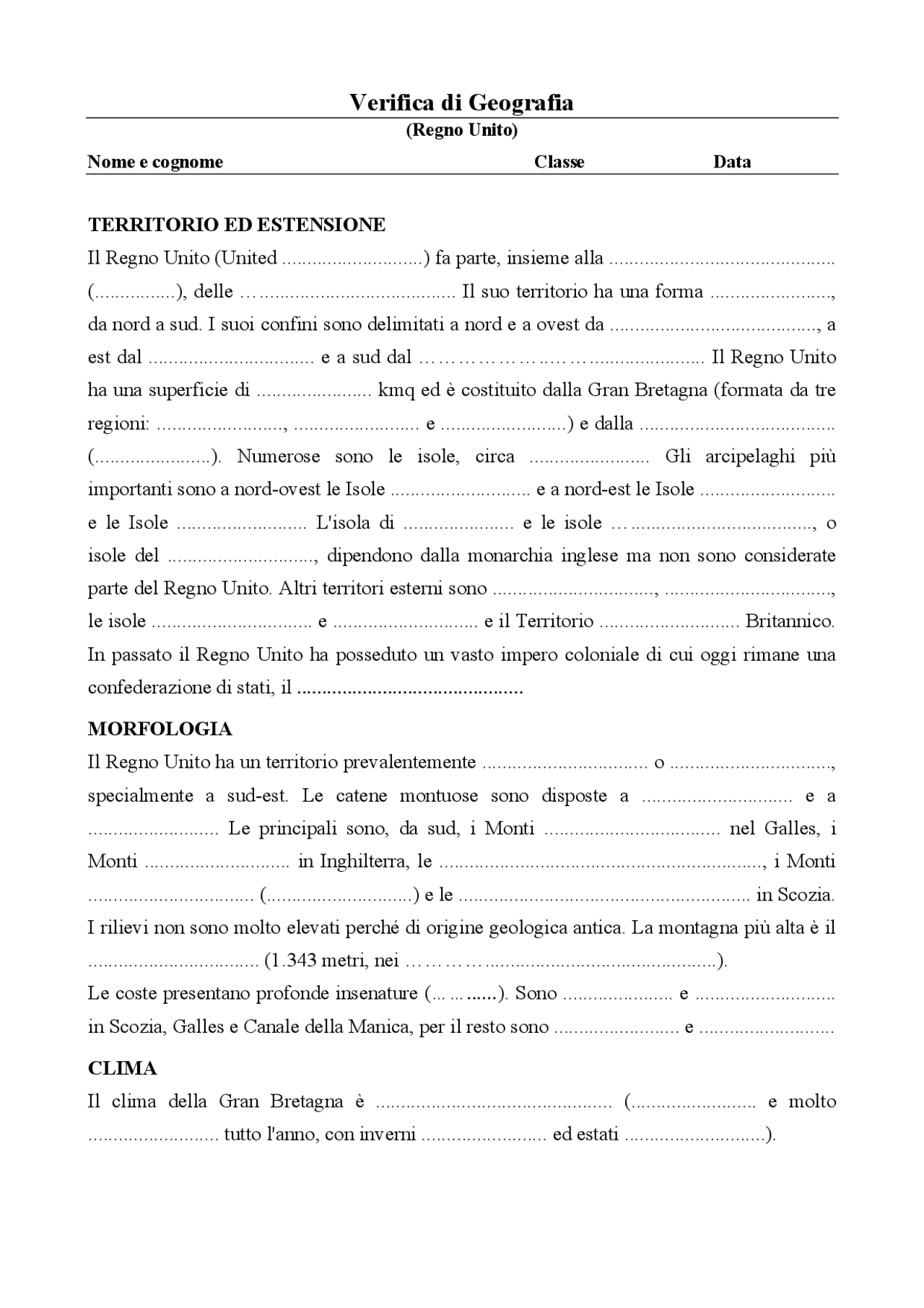 15) verifica sulla Spagna con soluzioni | Esercizi di Geografia | Docsity