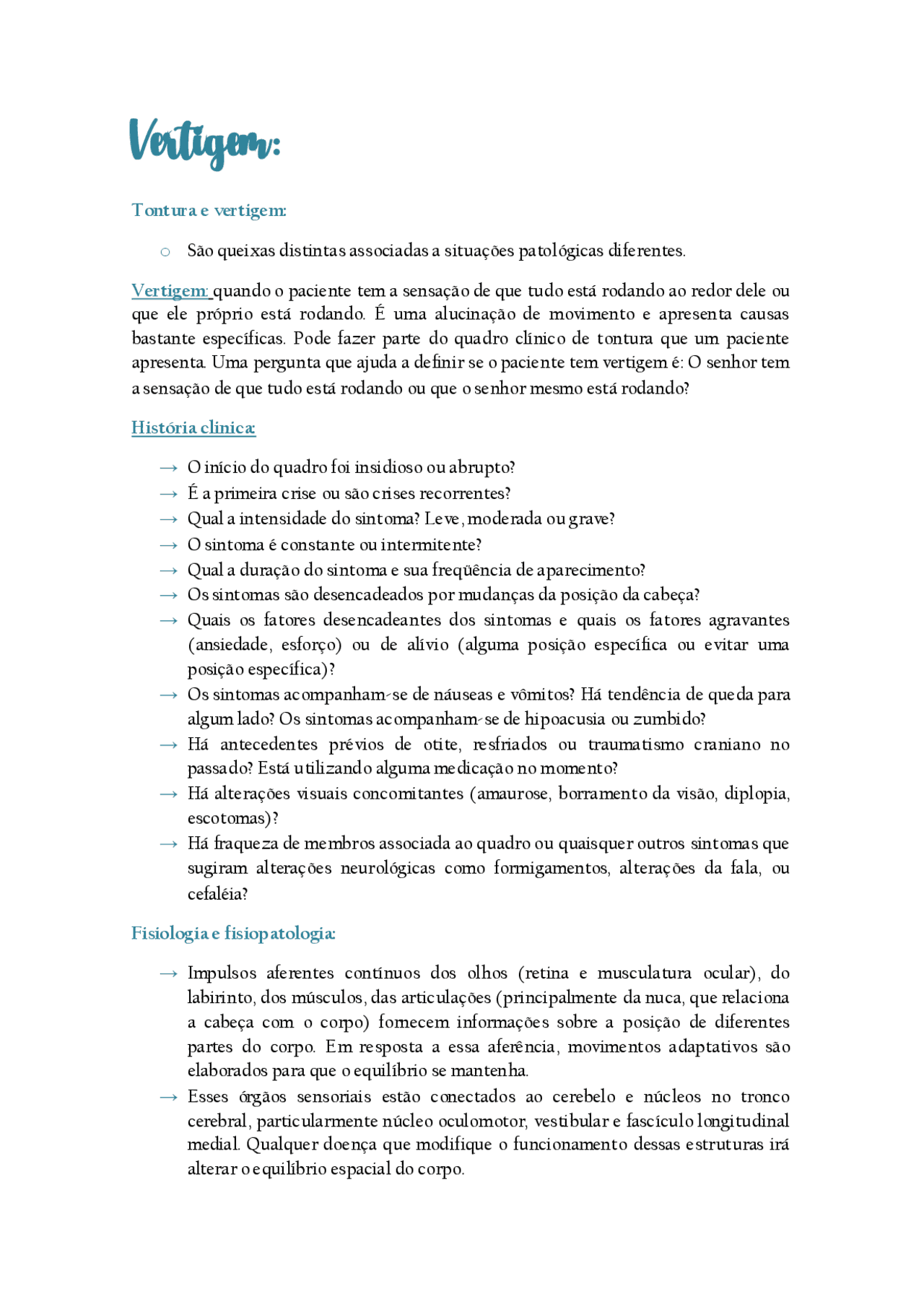 Resumo semiologia- vertigem | Resumos Semiologia | Docsity