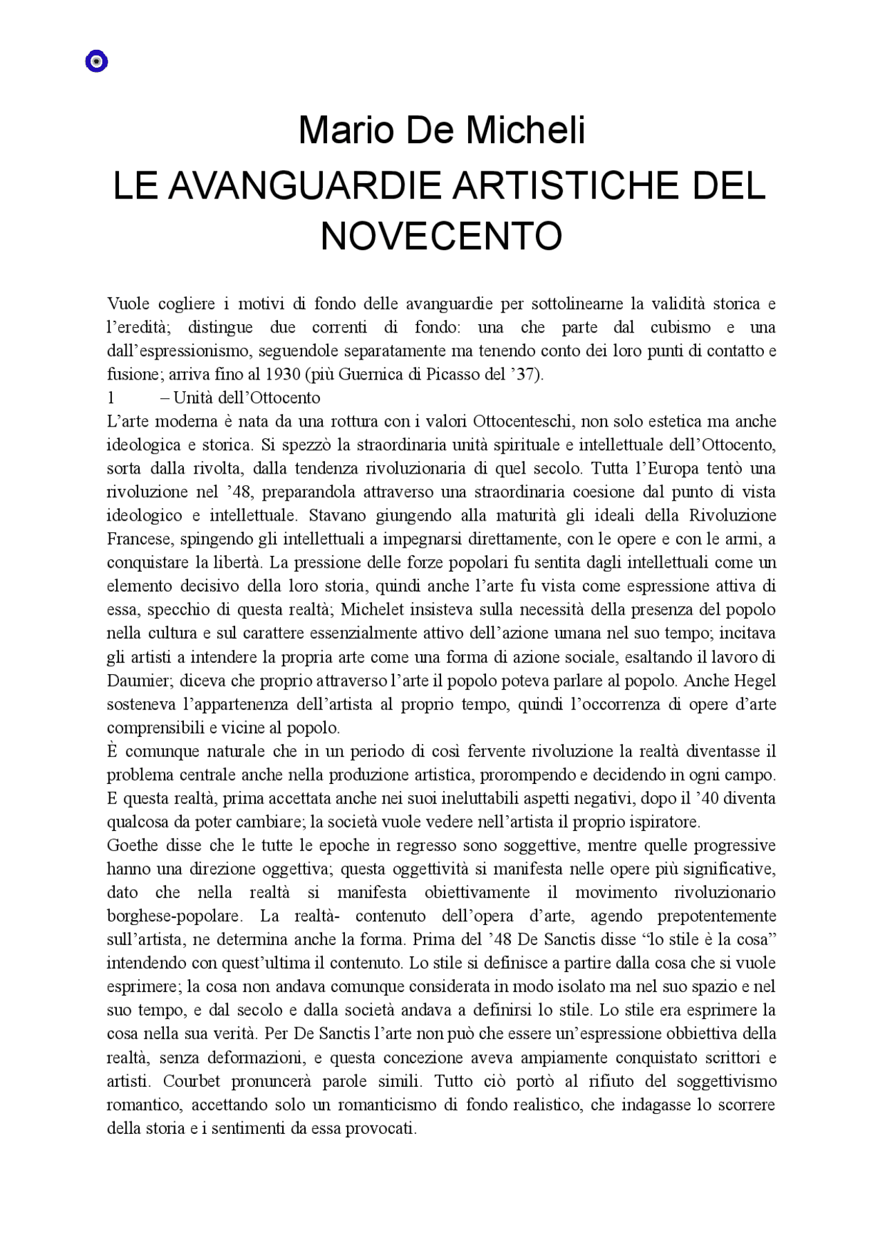 Mario De Micheli Le avanguardie artistiche del Novecento | Schemi e ...