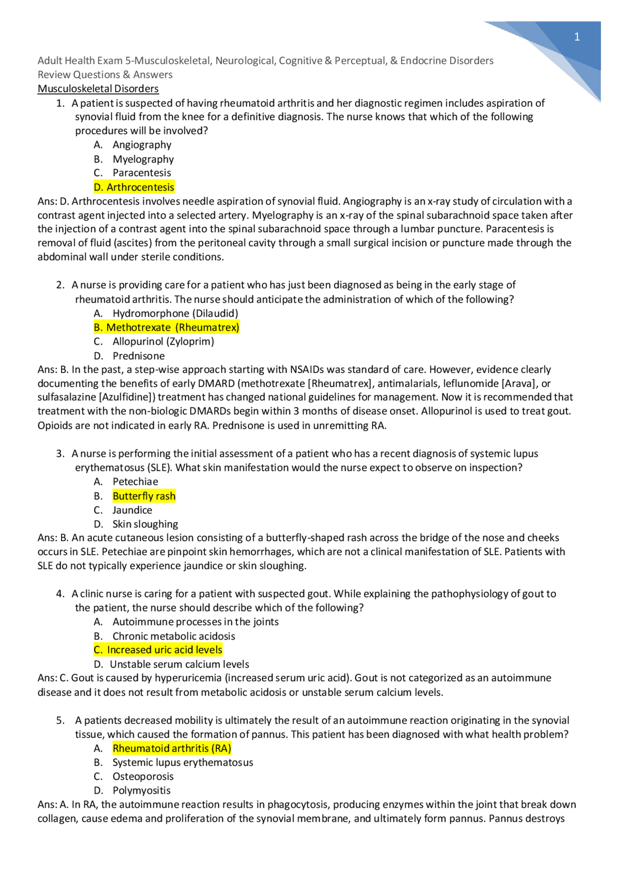 NURS 101 Exam 5- Adult Health- Review Questions & Answers Updated ...