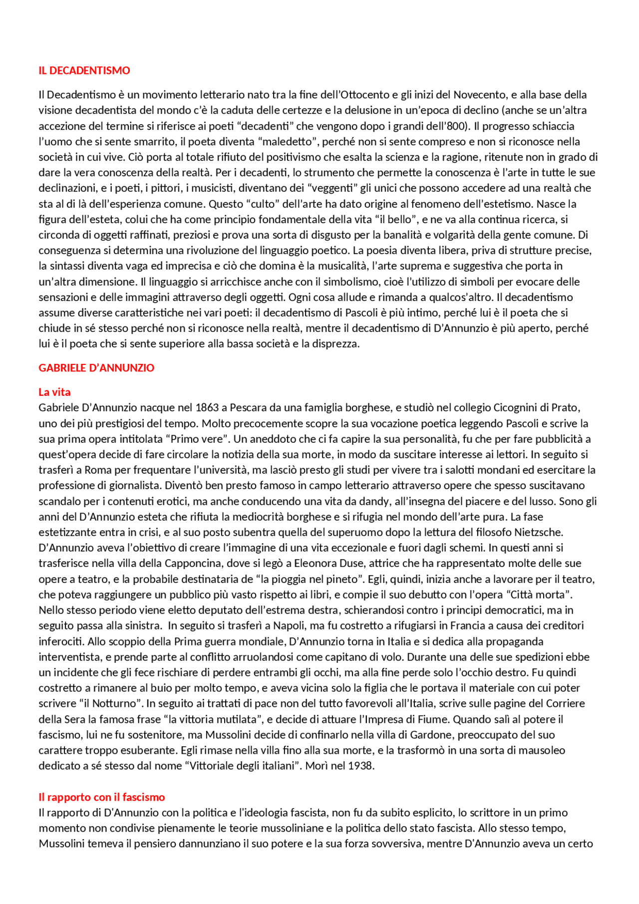 Riassunto Su Decadentismo E Dannunzio E Analisi Opere Maturità