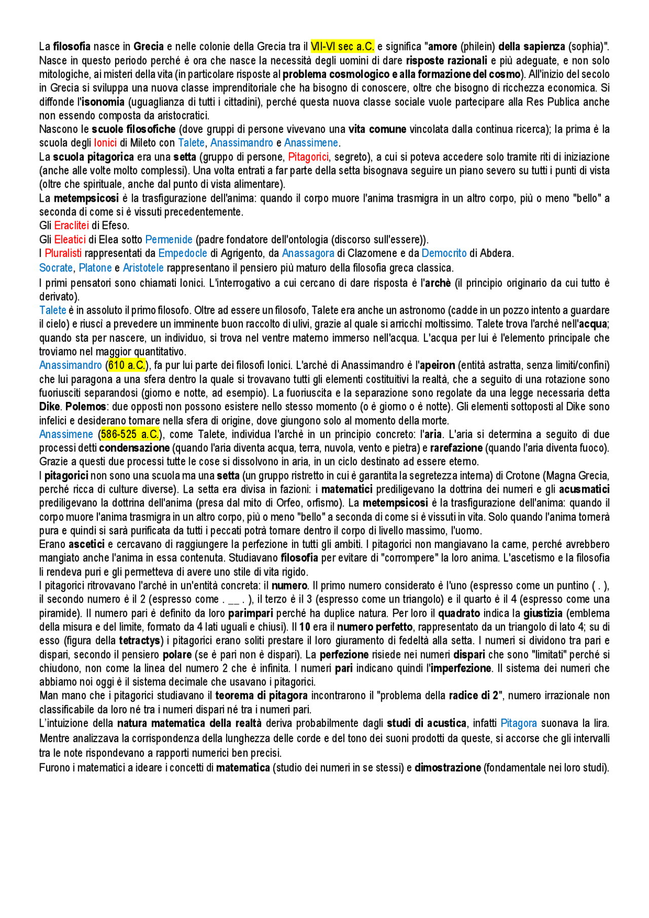 Filosofia Greca Ionici Pitagorici Eraclitei Ed Eleatici Appunti