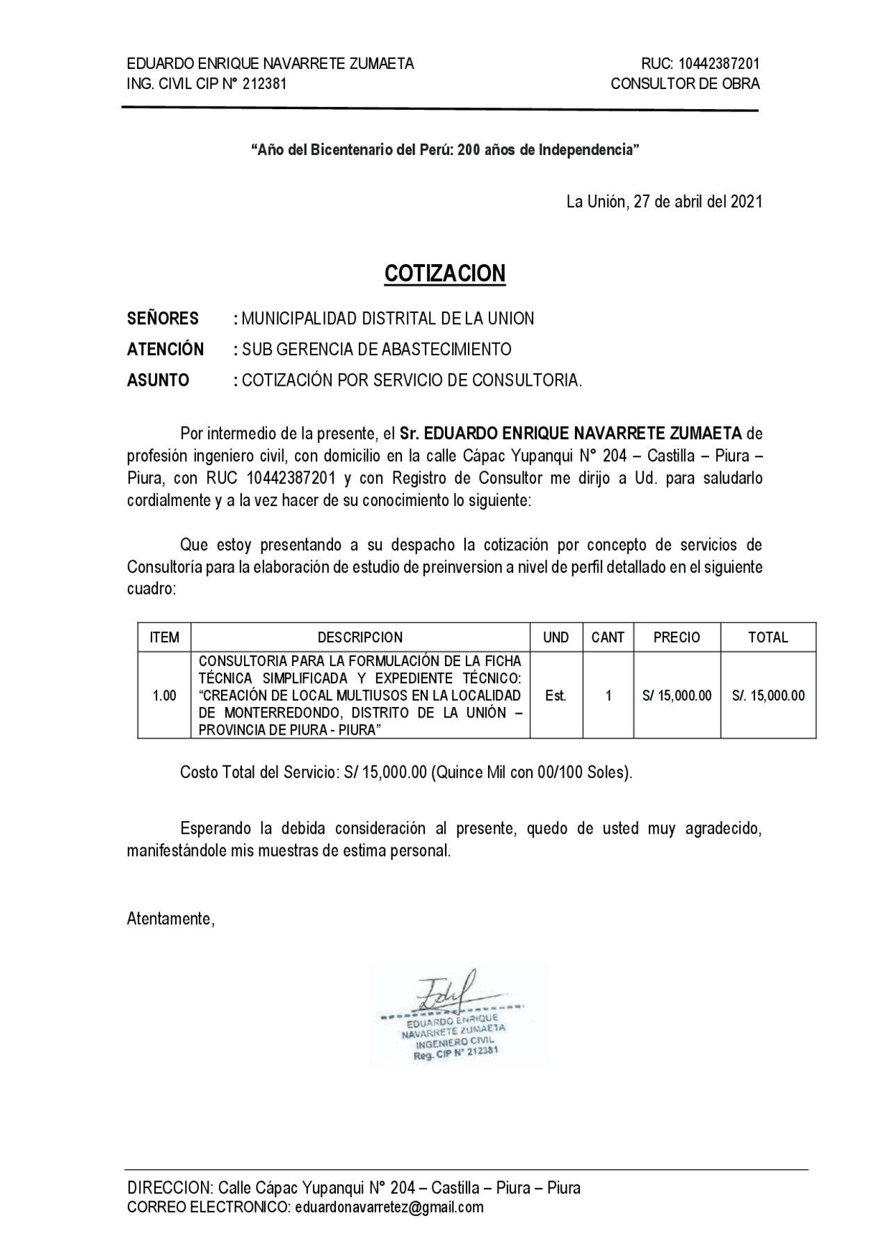 COTIZACION PARA UN SERVICIO DE LA MUNICIPALIDAD | Guías, Proyectos ...