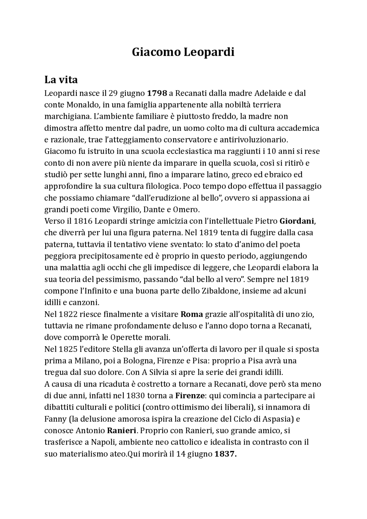 Leopardi Riassunto Completo Schemi E Mappe Concettuali Di Italiano
