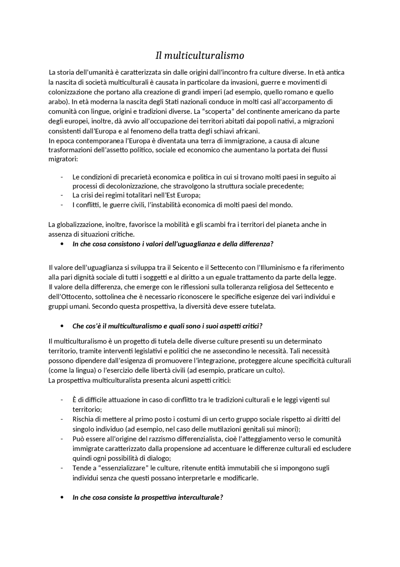 Multiculturalismo e la sua storia | Dispense di Scienze Umane | Docsity