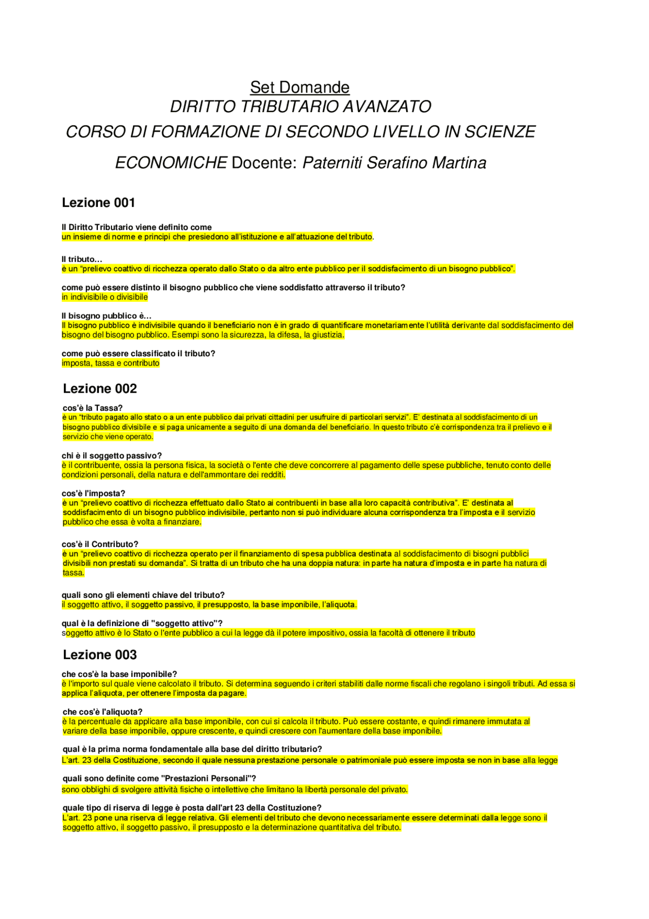 Paniere Risposte Multiple Diritto Tributario Avanzato Ecampus Panieri