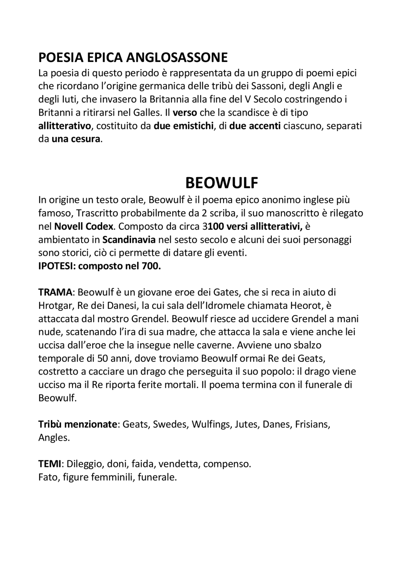 Schema Riassuntivo Beowulf | Schemi e mappe concettuali di Letteratura Inglese | Docsity