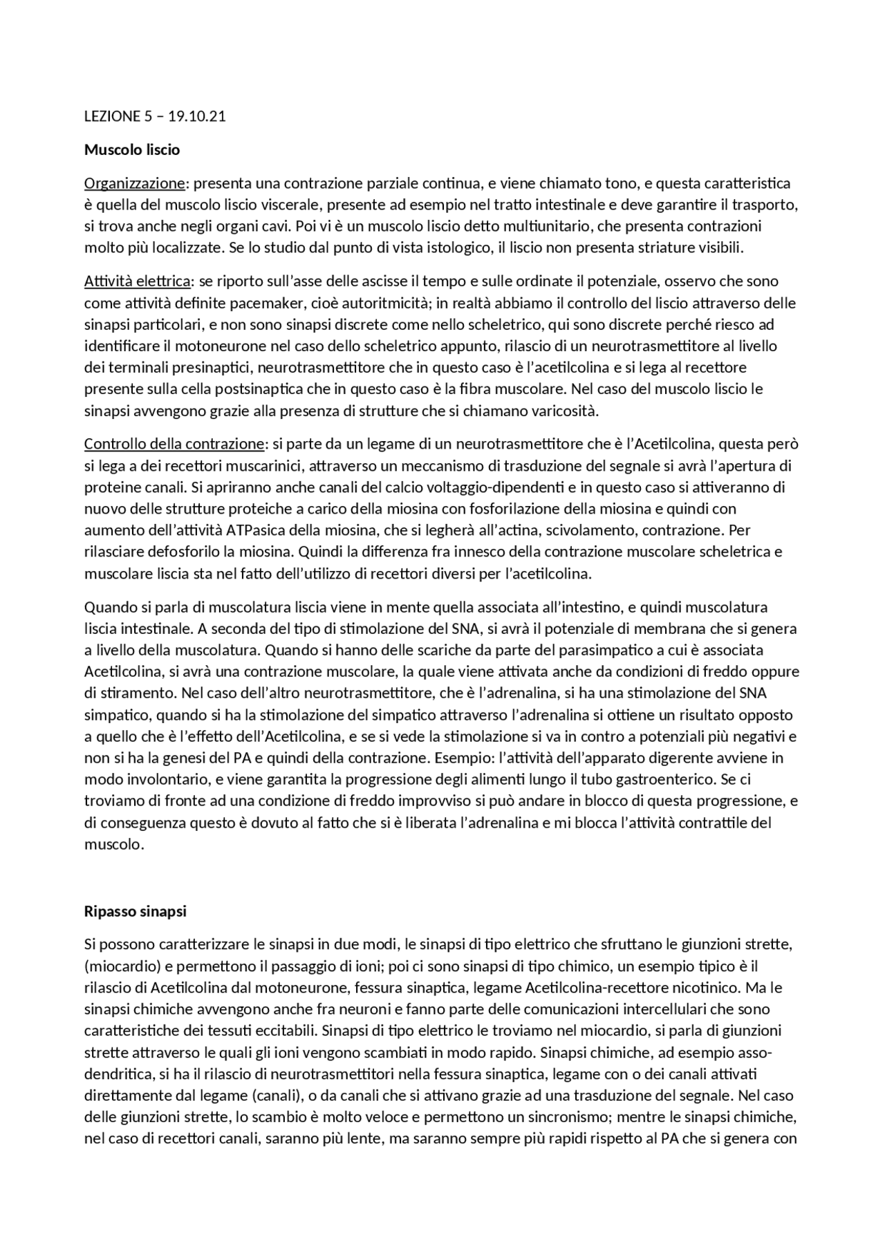Lezione 5 Di 20 Muscolo Liscio Ripasso Sinapsi Appunti Di