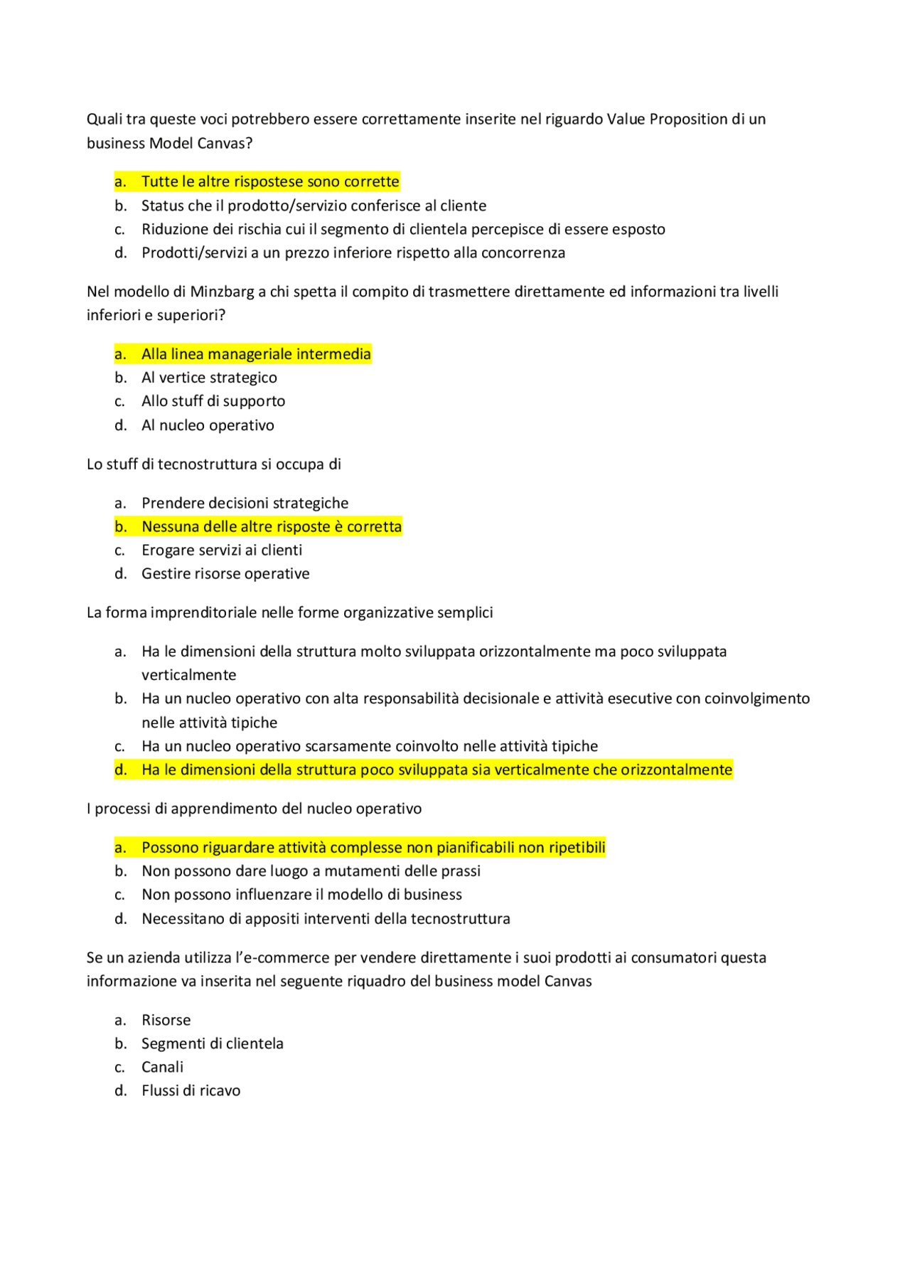 Domande a risposta multipla | Panieri di Organizzazione Aziendale | Docsity