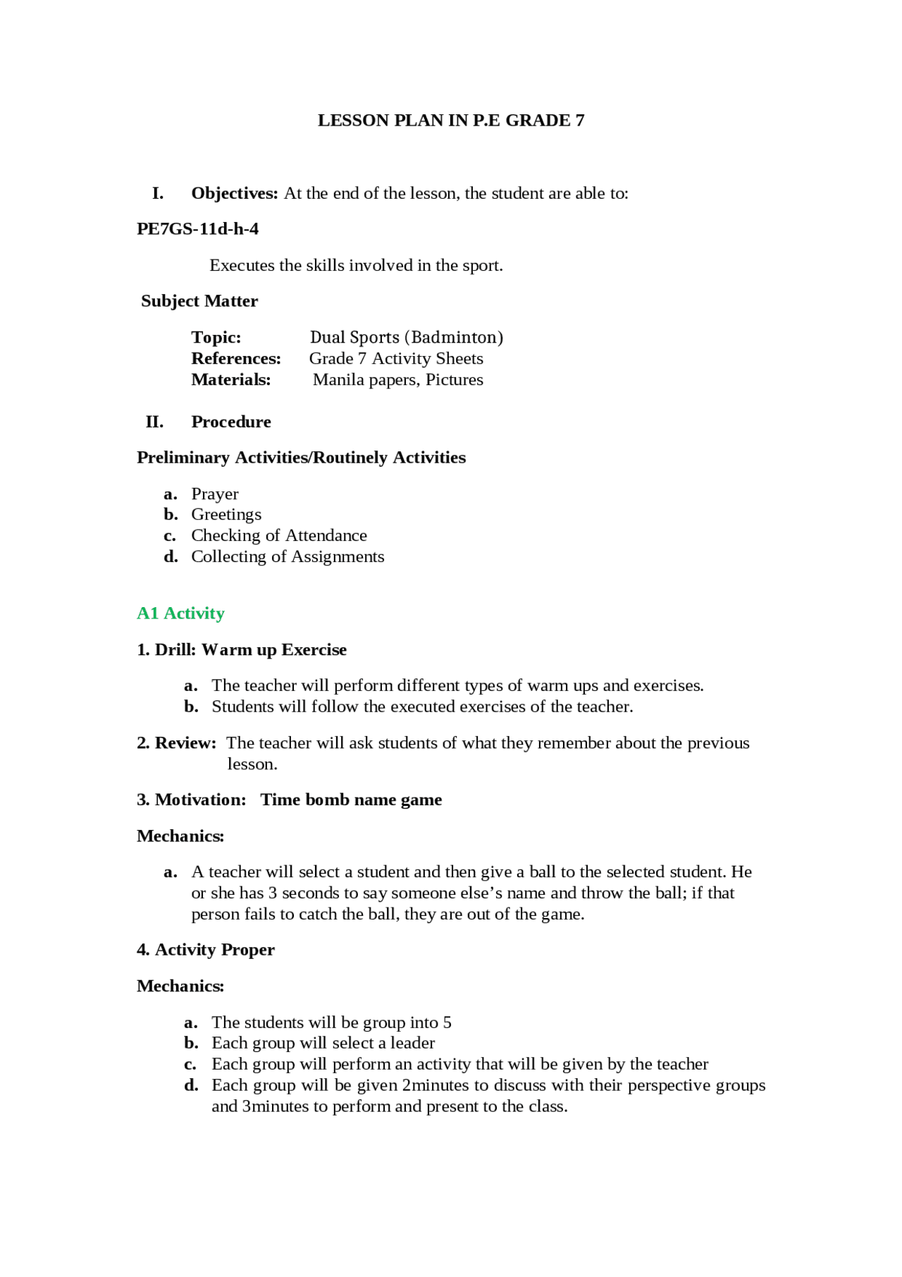 Lesson Plan in Physical secondory education | Lecture notes Physical ...