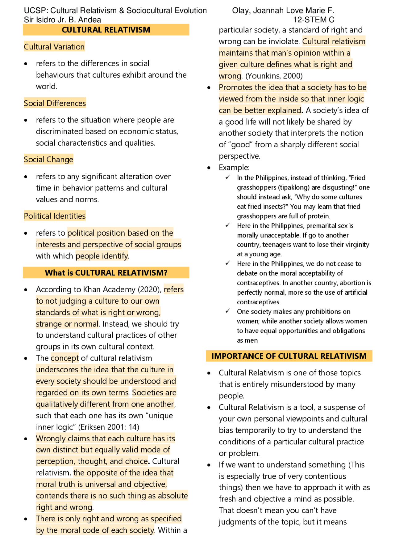 UCSP REVIEWER (Cultural Relativism) | Assignments English | Docsity