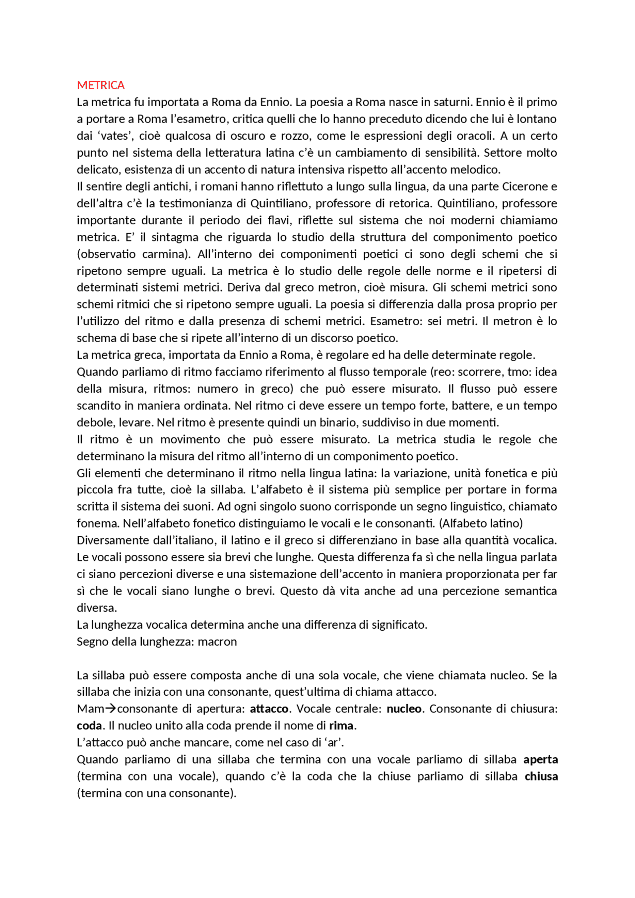 SPIEGAZIONE DELLA METRICA LATINA | Appunti di Letteratura latina | Docsity