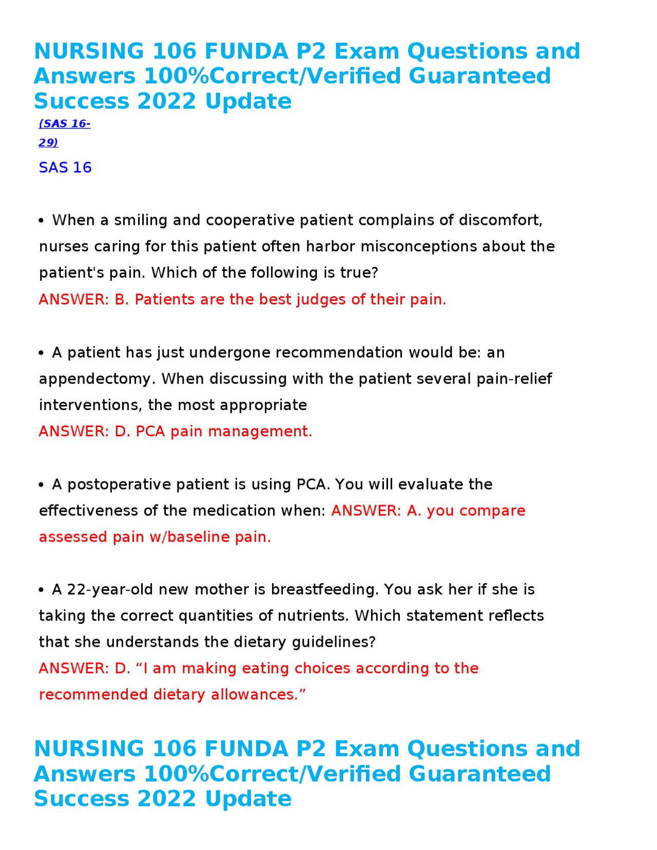 Nursing 106 Funda P2 Exam Questions And Answers 100correctverified