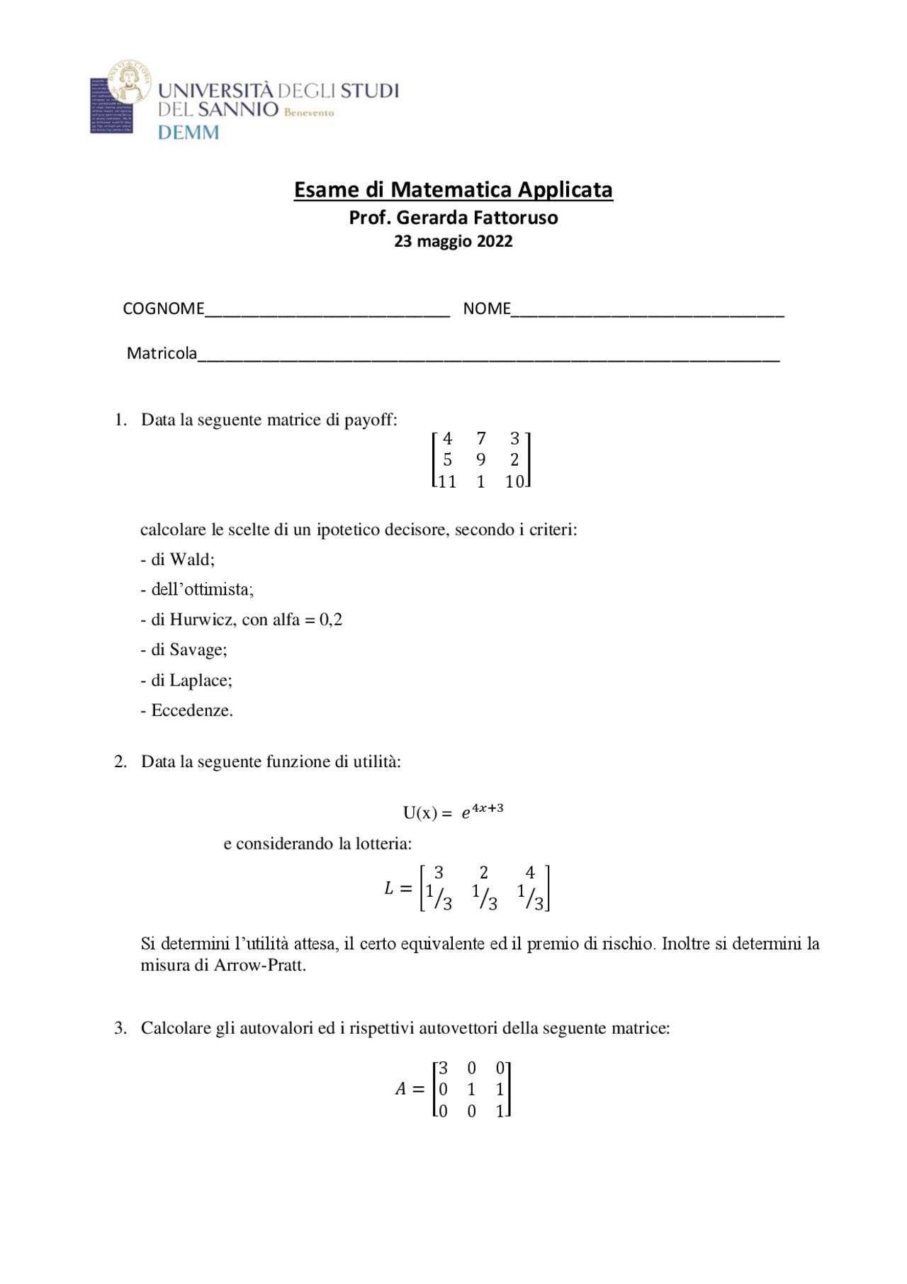 prova d'esame prof Fattoruso | Prove d'esame di Matematica Applicata | Docsity