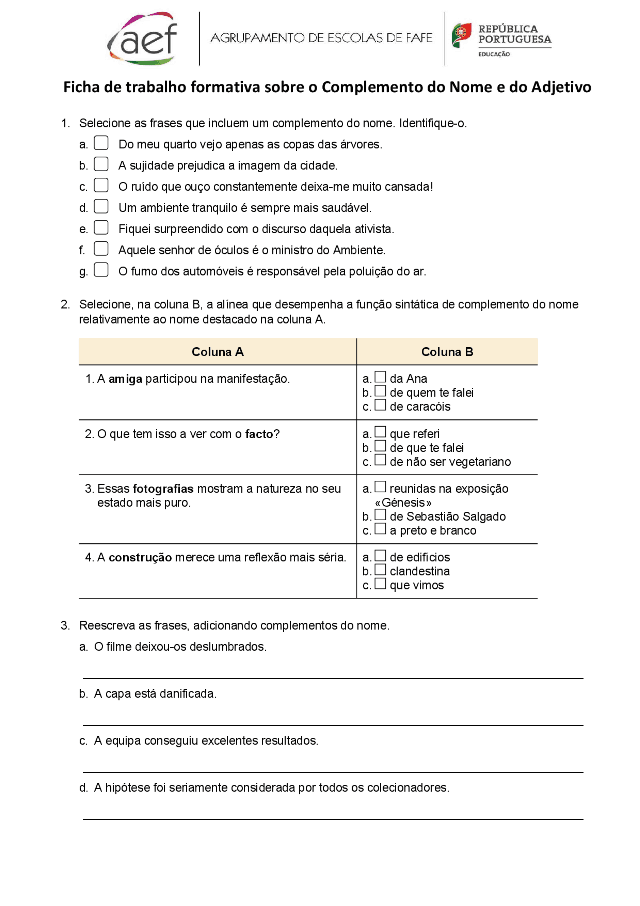 Complemento do nome e adjetivo | Resumos Português (Gramática ...