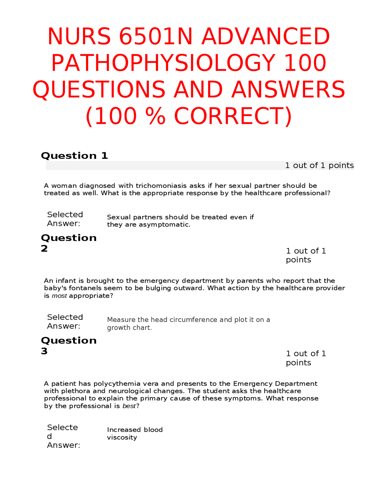 NURS 6501N ADVANCED PATHOPHYSIOLOGY 100 QUESTIONS AND ANSWERS (100 % ...