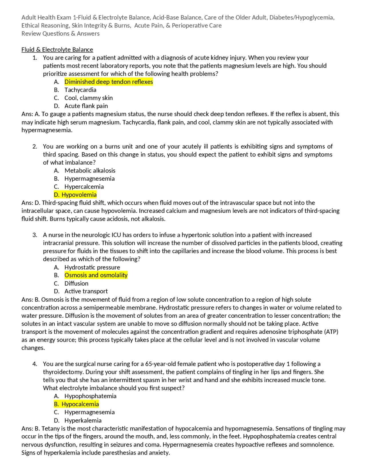 NURS 101 Exam 1- Adult Health- Review Questions & Answers Updated ...