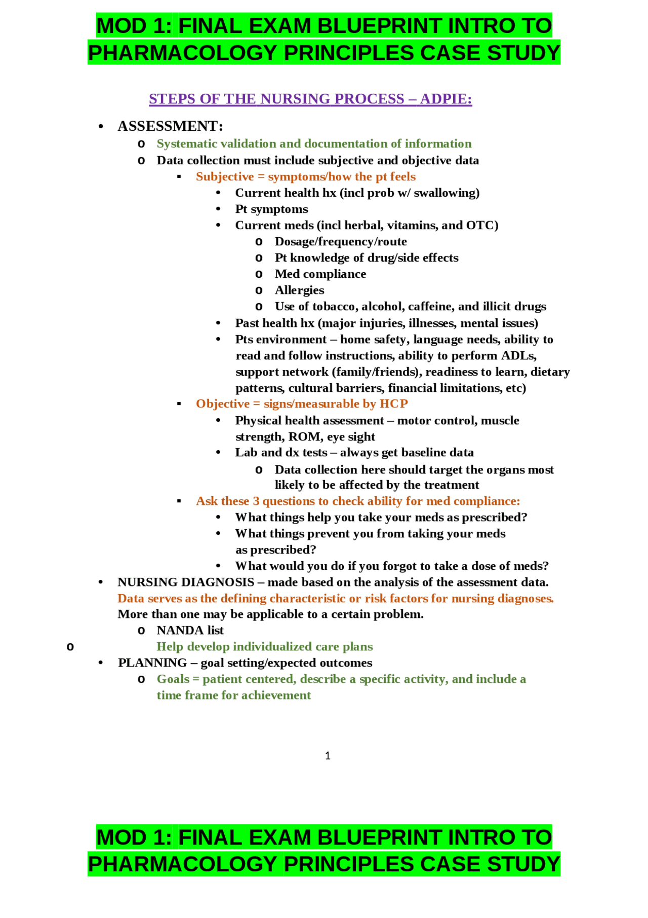 MOD 1: FINAL EXAM BLUEPRINT INTRO TO PHARMACOLOGY PRINCIPLES CASE STUDY ...