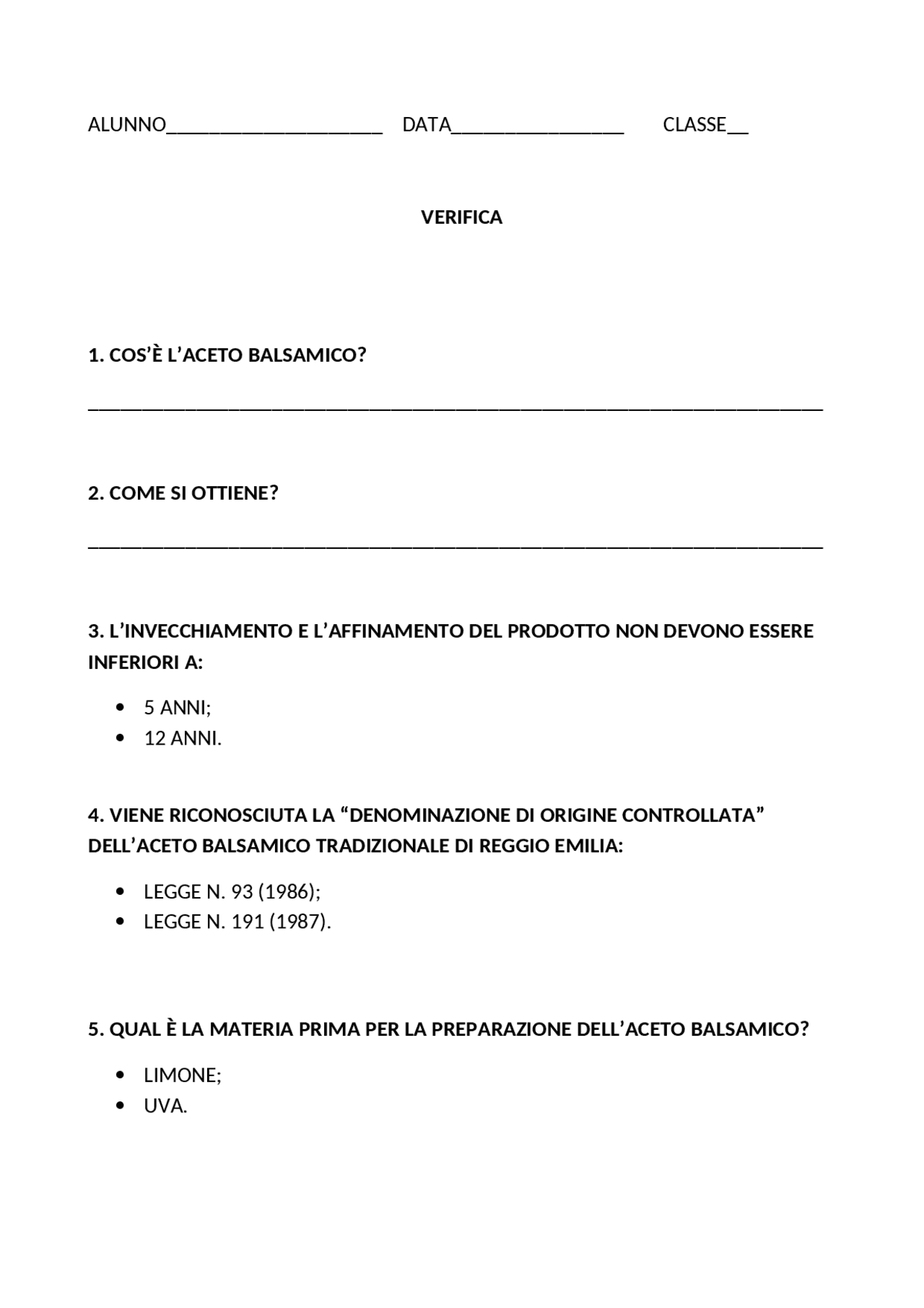 Verifica sull'aceto balsamico | Esercizi di Trasformazione dei prodotti ...