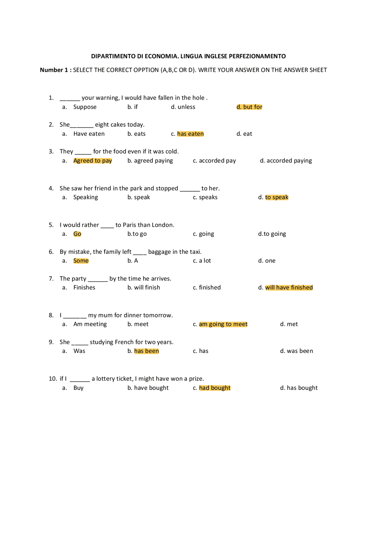 Domande d'esame Inglese Perfezionamento | Prove d'esame di Lingua Inglese | Docsity