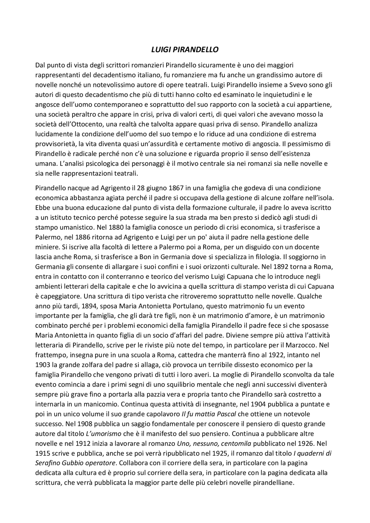 PIRANDELLO, LE MASCHERE, BRANI CON ANALISI | Dispense di Italiano | Docsity