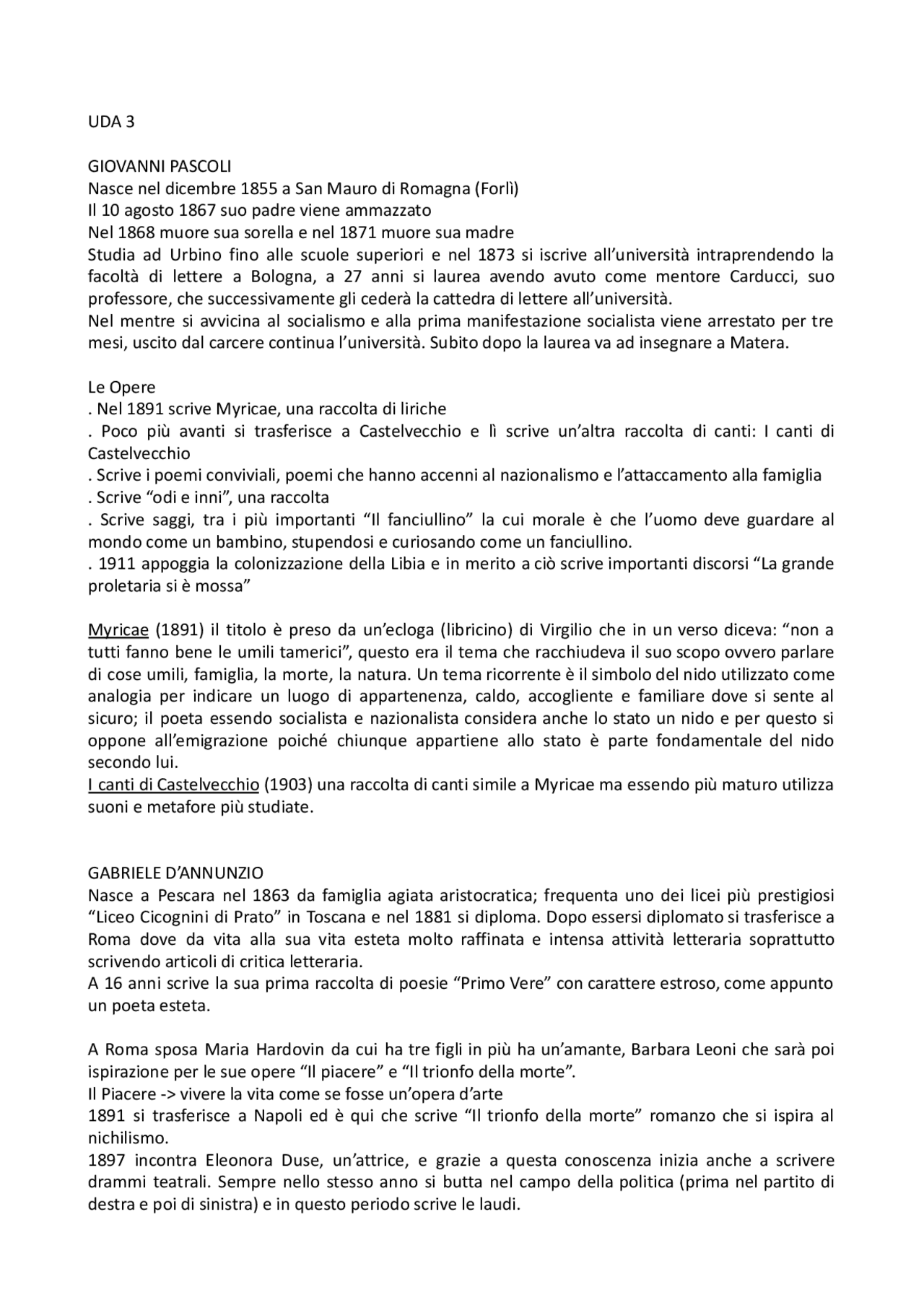 Pascoli E Dannunzio Schemi E Mappe Concettuali Di Italiano Docsity