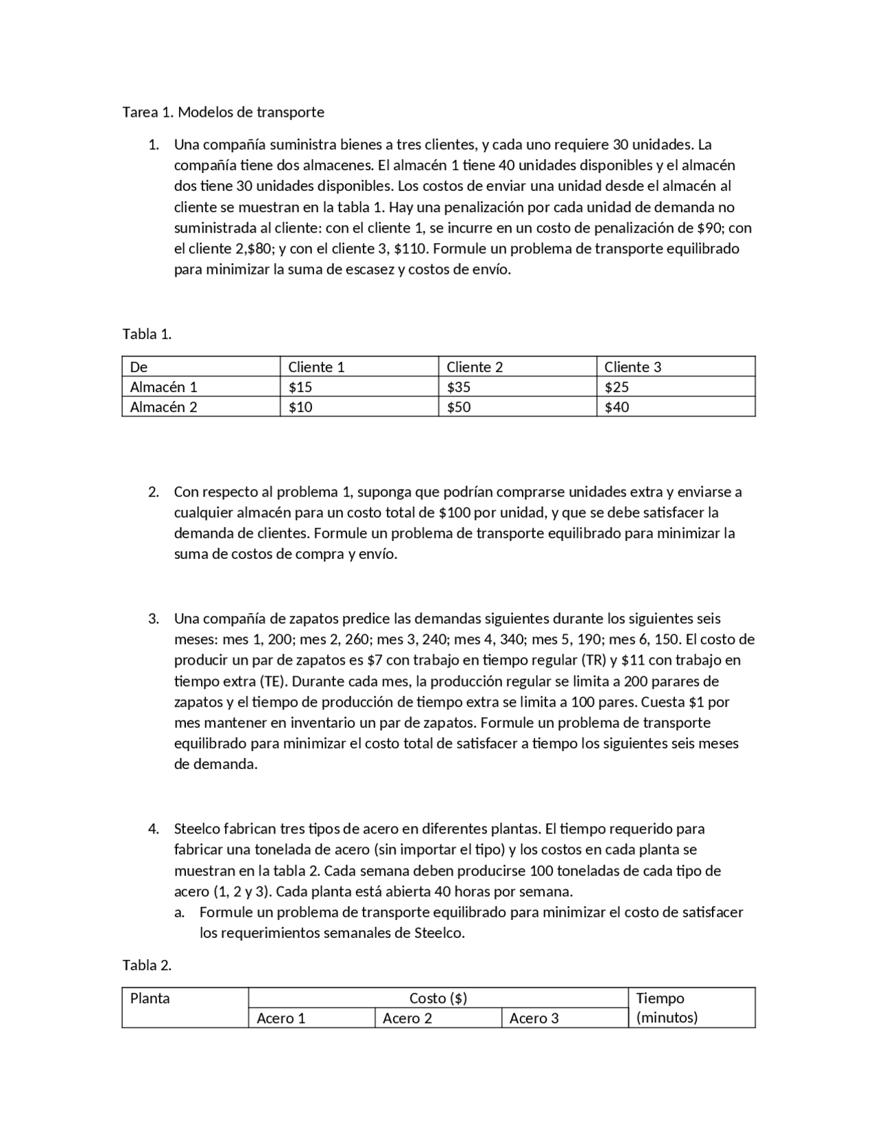 Tarea 6 modelos de transporte | Ejercicios de Investigación de Operaciones | Docsity