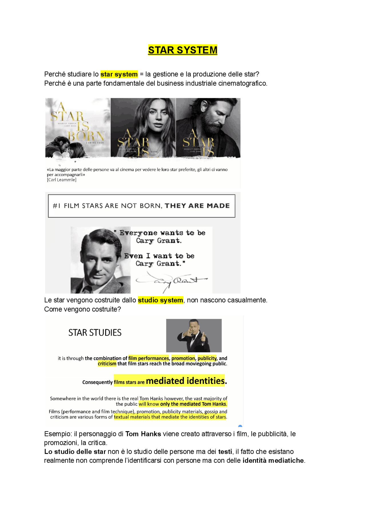 STAR SYSTEM, Storia del Cinema | Appunti di Storia Del Cinema | Docsity
