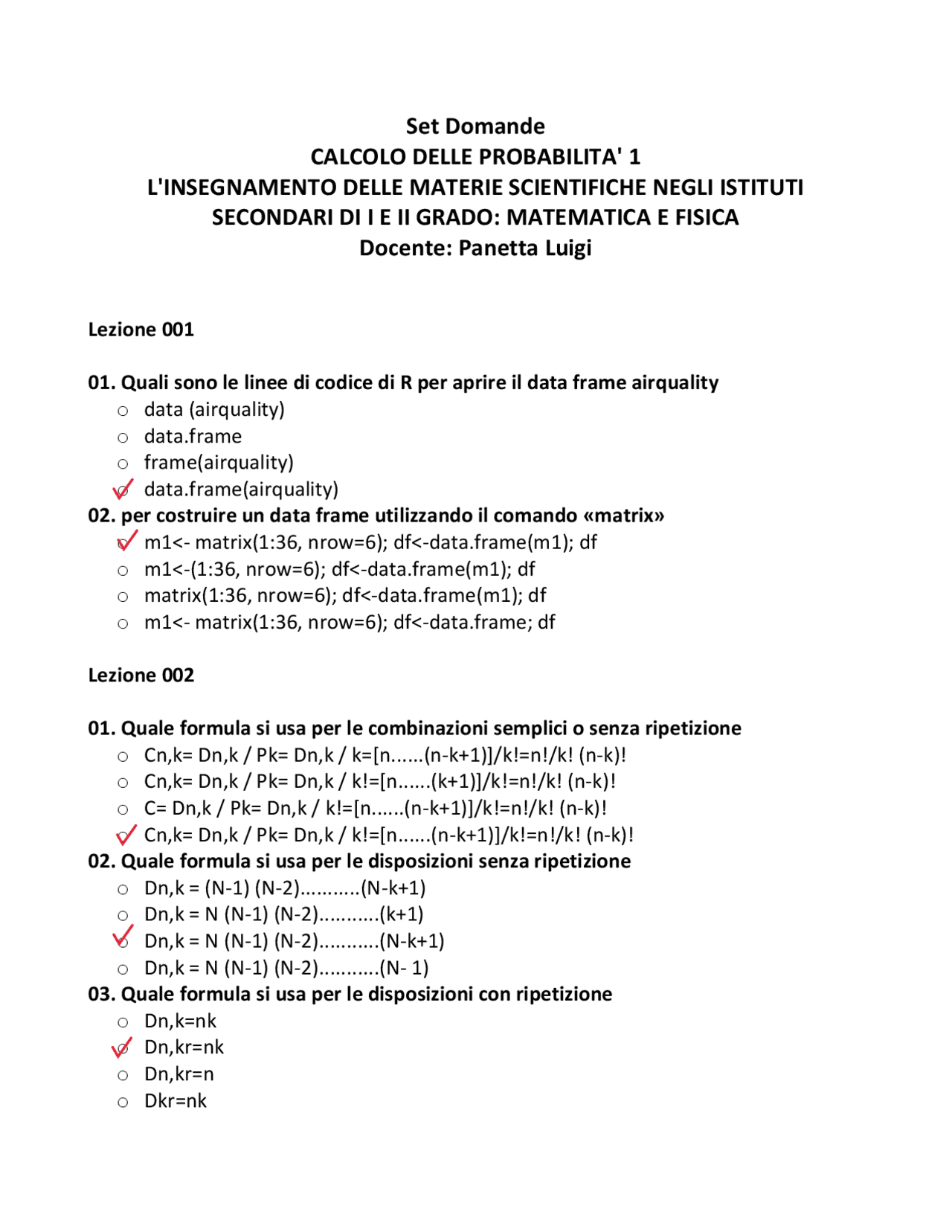Paniere Calcolo della Probabilità 1, Master A20/26 Ecampus, Prof. Luigi ...