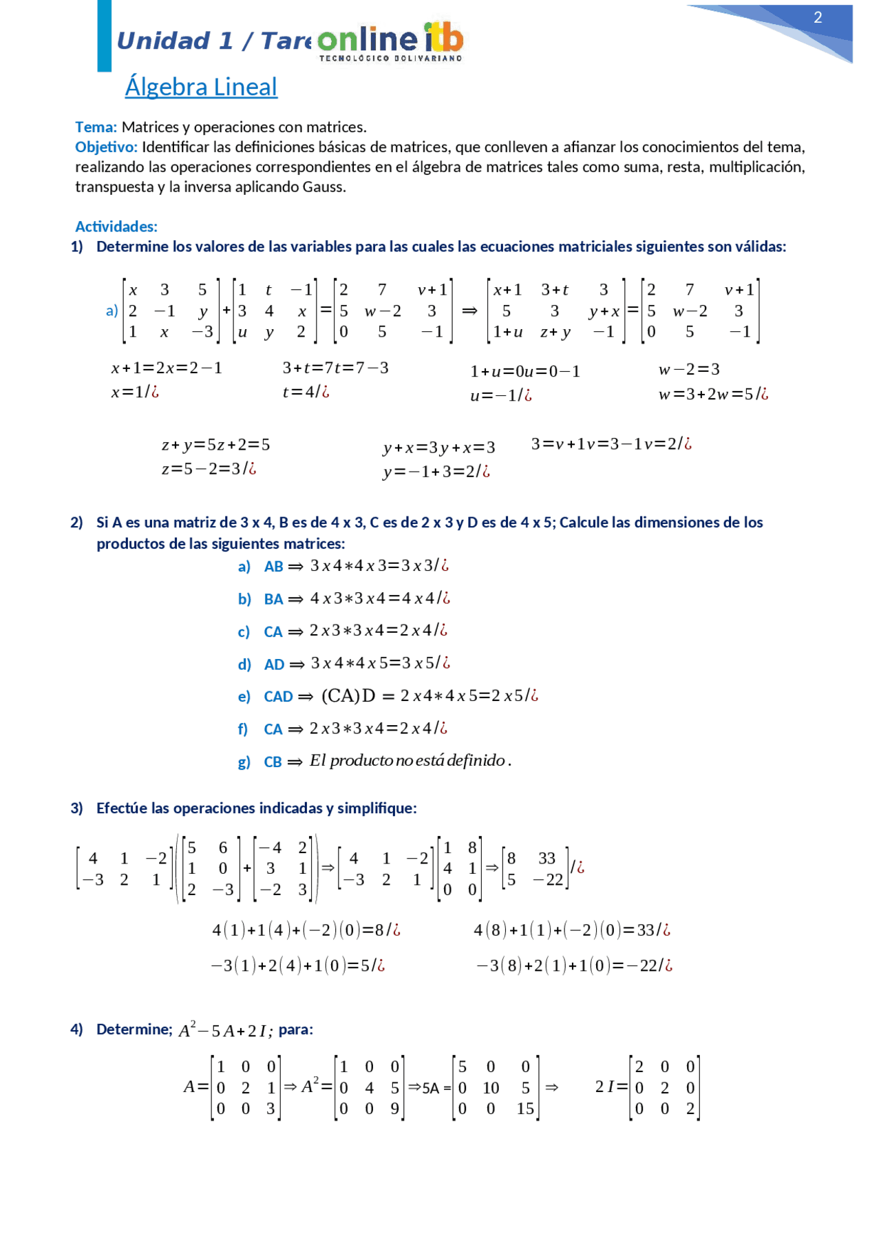 Matrices y operaciones con matrices. | Exercises of Linear Algebra | Docsity