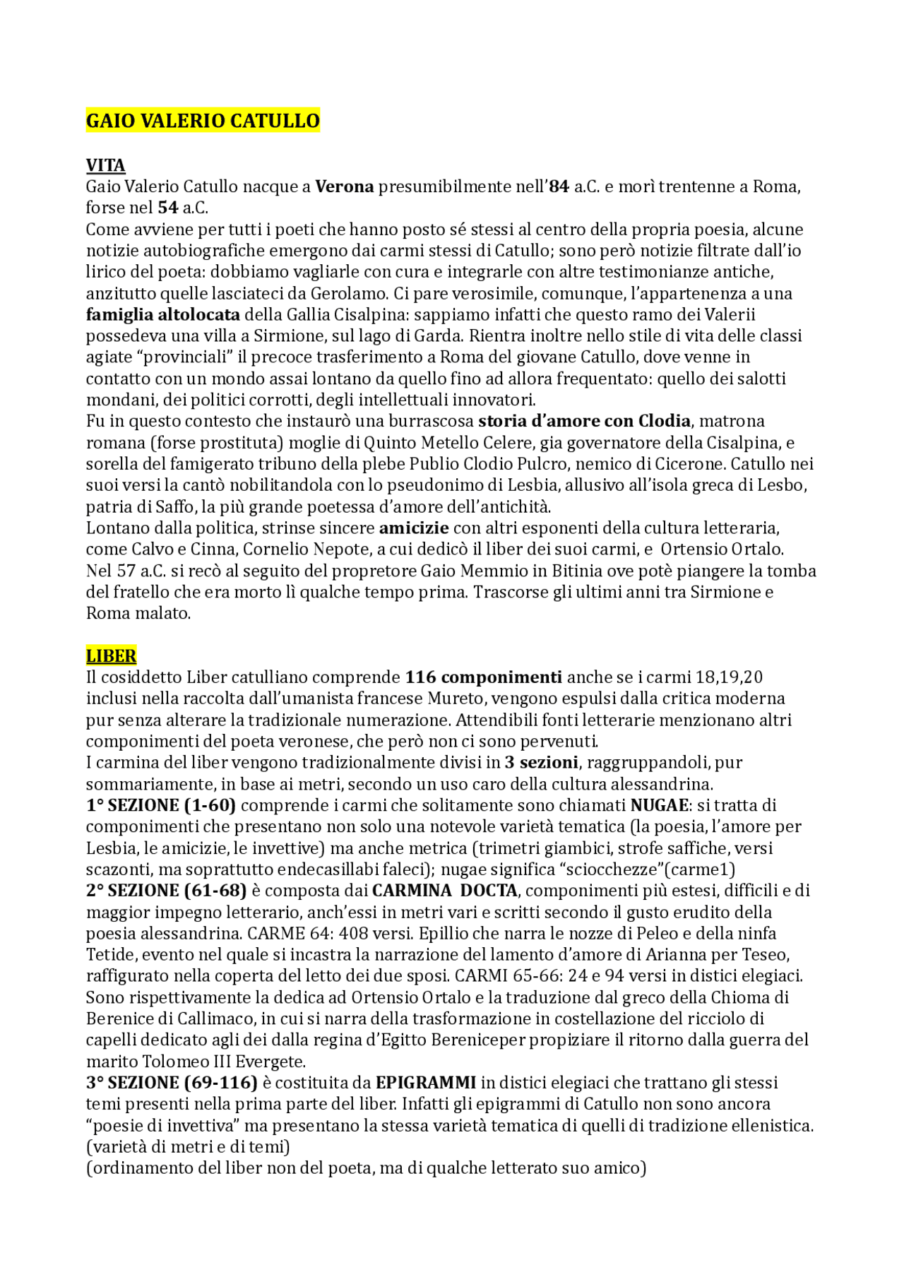 Catullo - Riassunto completo | Schemi e mappe concettuali di Latino | Docsity