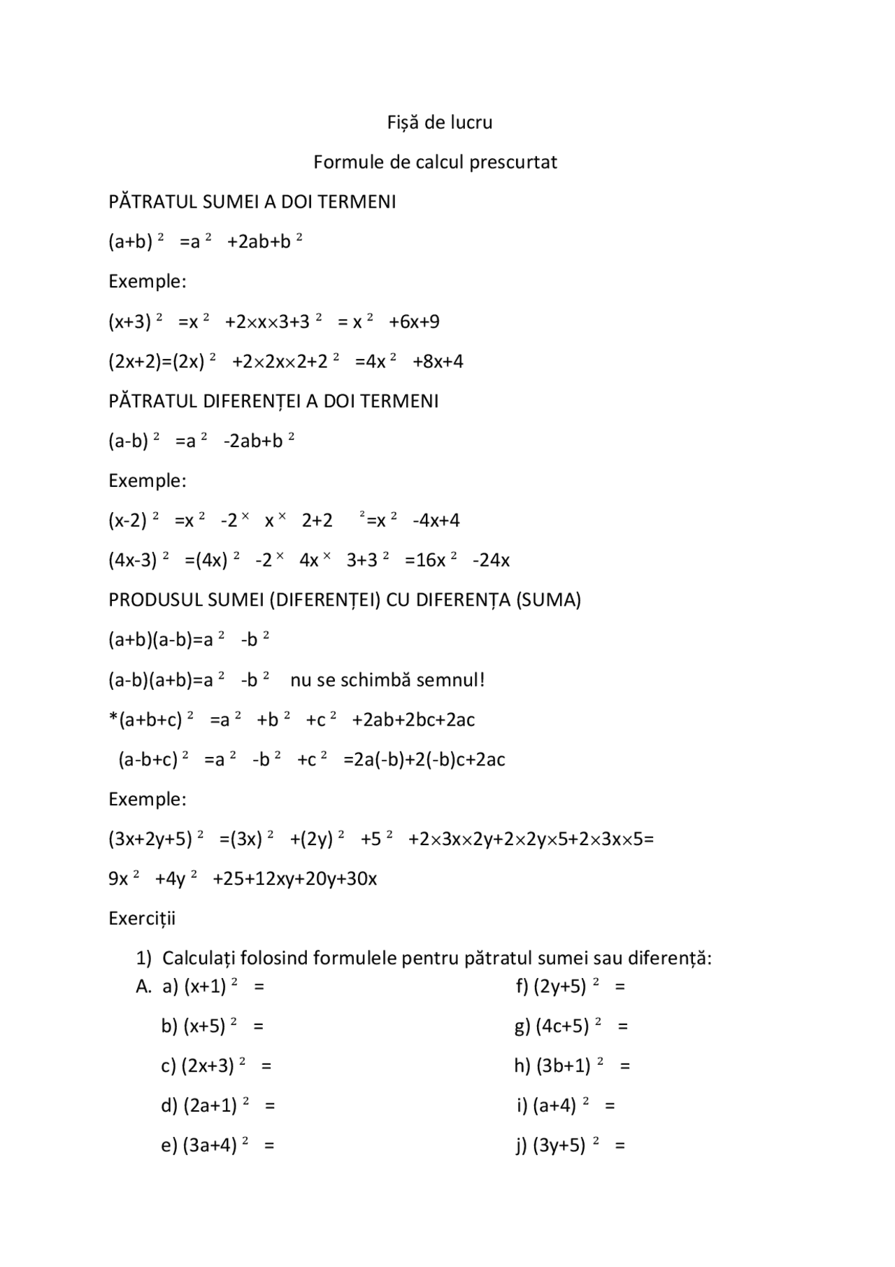 Fișă de lucru. Formule de calcul prescurtat | Exercises Mathematics ...
