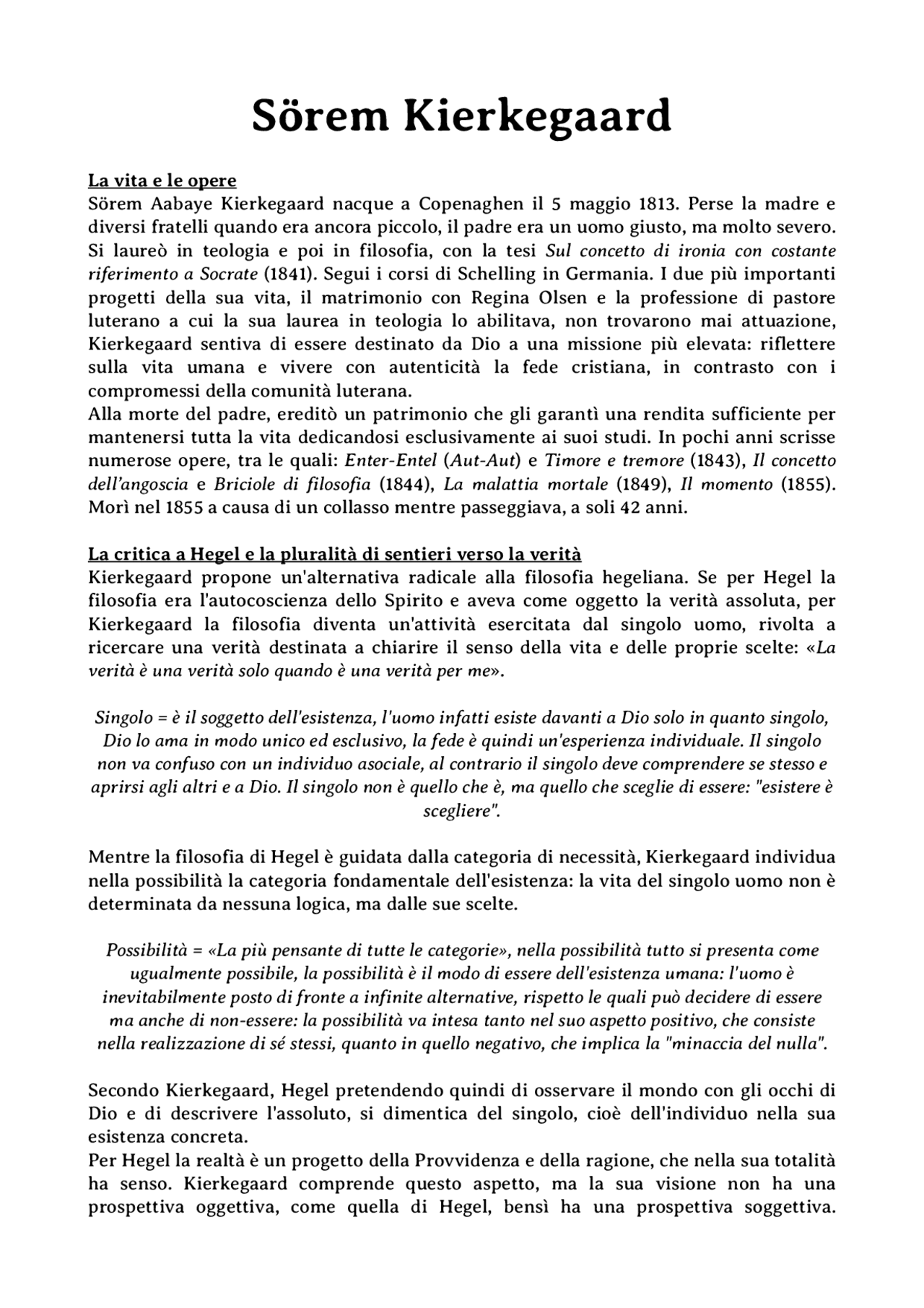 Sörem Kierkegaard Riassunto Vita E Opere Schemi E Mappe Concettuali