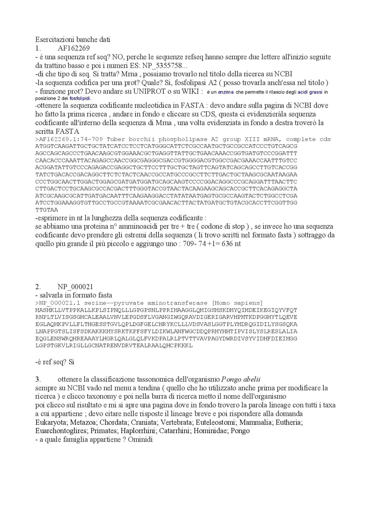 Esercizi spiegati Bioinformatica corso di Biologia | Esercizi di Bioinformatica | Docsity