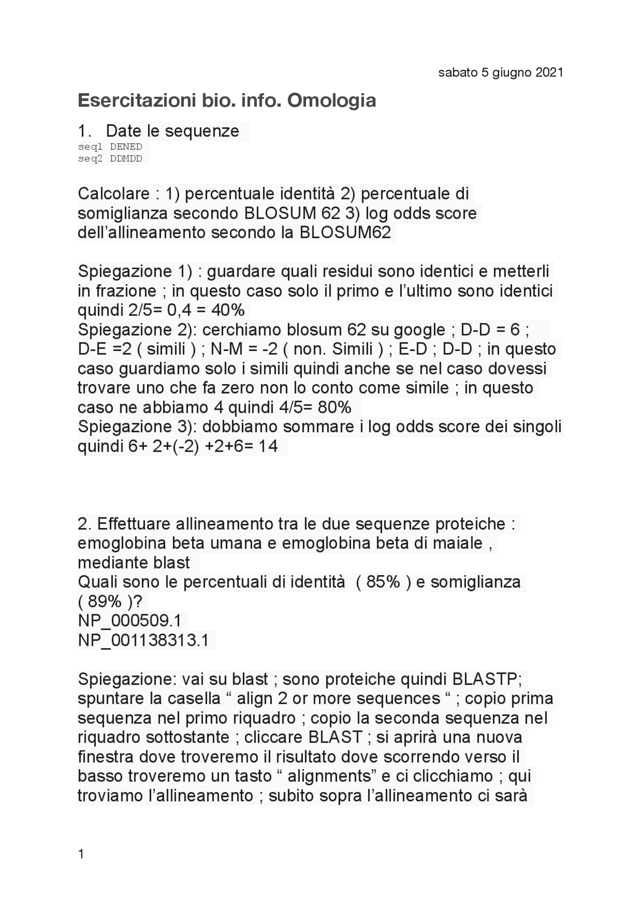 Esercizi spiegati Bioinformatica corso di Biologia | Esercizi di ...