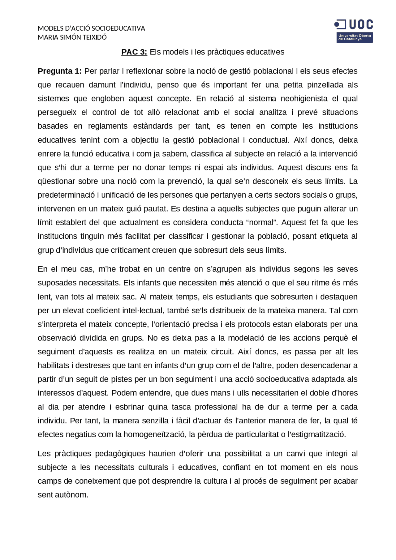 Pac 3 Models DacciÓ Socioeducativa Ejercicios De Ciencias De La