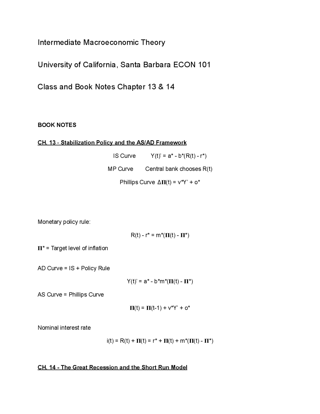 ECON 101 Intermediate Macroeconomic Theory: Chapter 13 and 14 Book ...